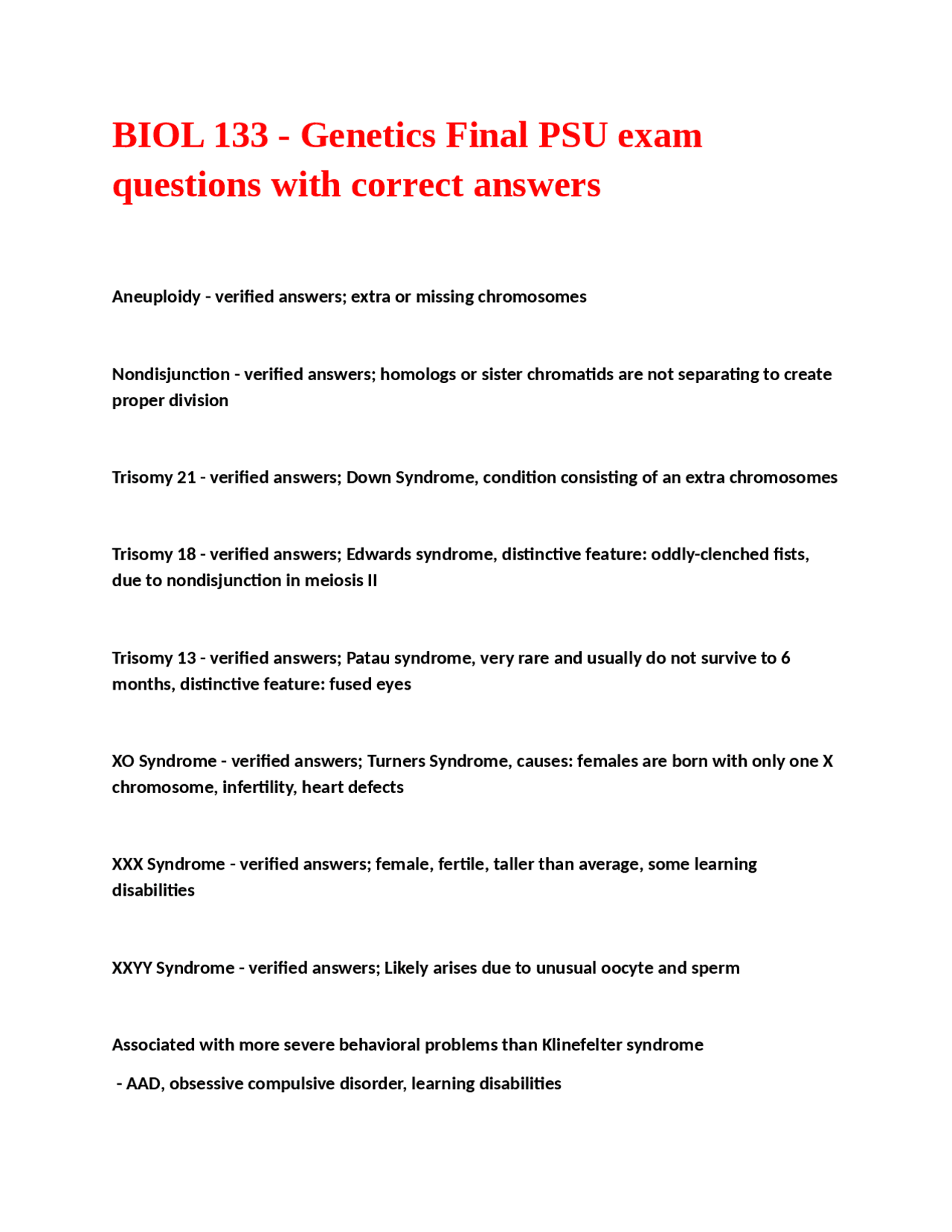 BIOL 133 - Genetics Final PSU Exam: Questions and Answers | Exams ...