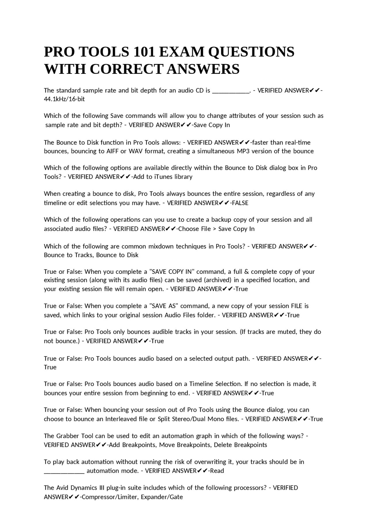 PRO TOOLS 101 EXAM QUESTIONS WITH CORRECT ANSWERS. | Exams Nursing ...