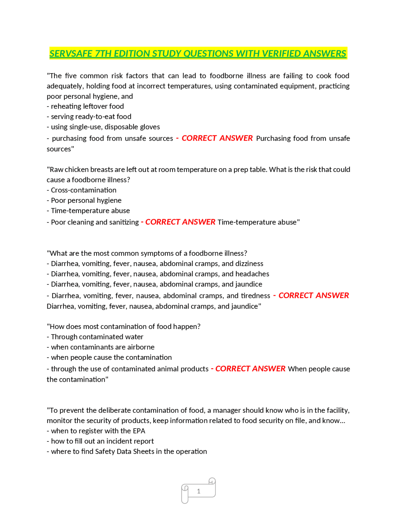 SERVSAFE 7TH EDITION STUDY QUESTIONS | Exams Food science | Docsity