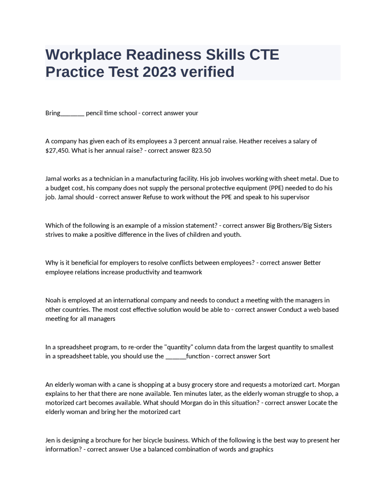 Workplace Readiness Skills CTE Practice Test 2023 | Exams Nursing | Docsity