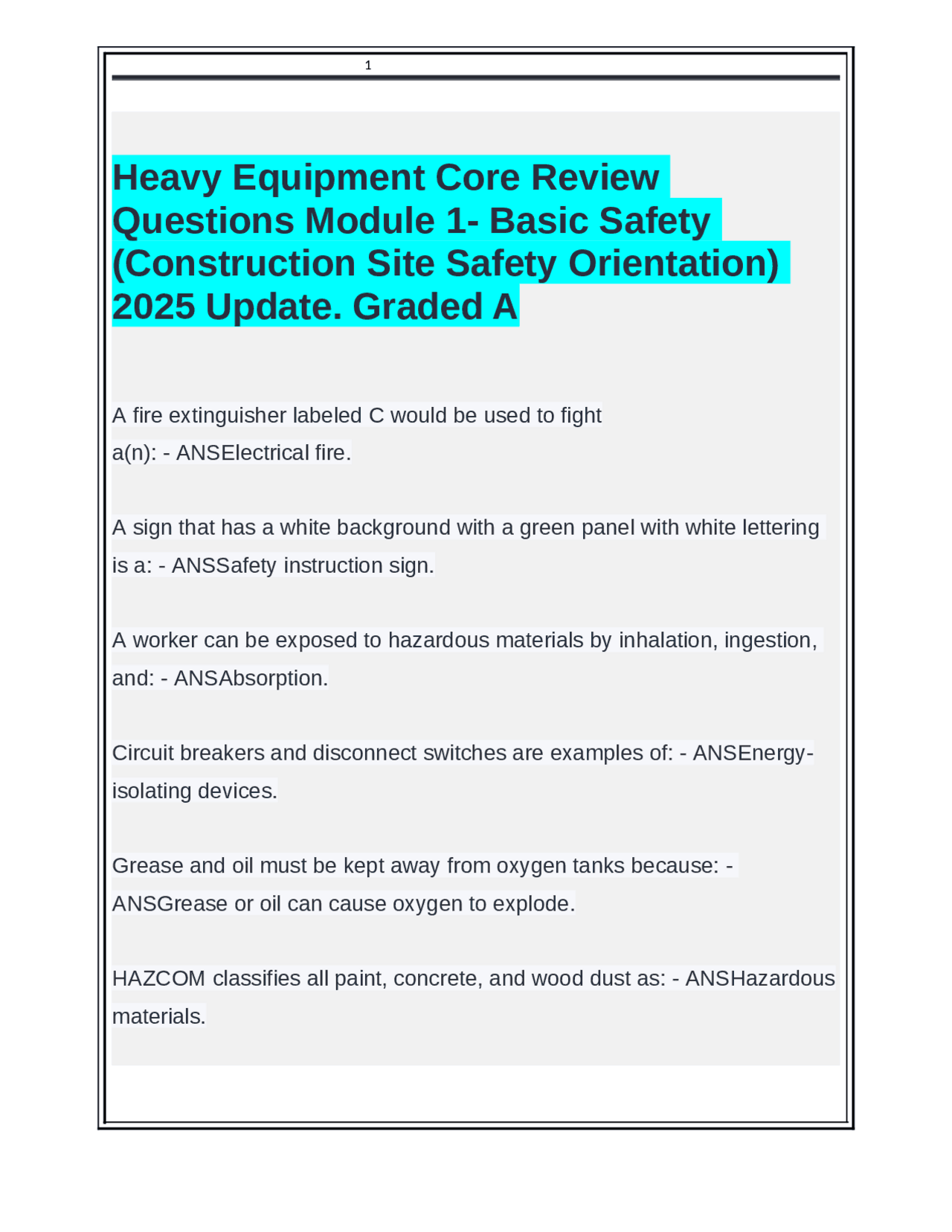 Heavy Equipment Core Review Questions Module 1- Basic Safety ...