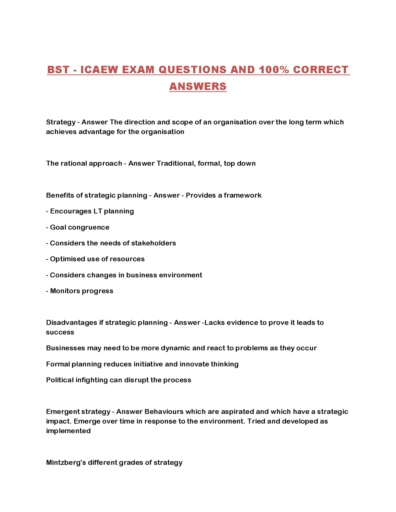 BST - ICAEW EXAM QUESTIONS AND 100% CORRECT ANSWERS | Exams Advanced Education | Docsity