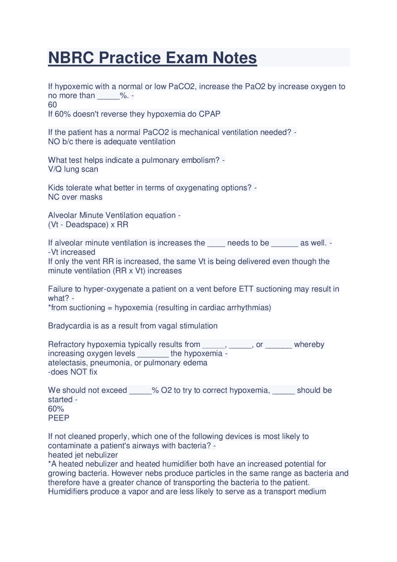 NBRC Practice Exam Notes.pdf | Exams Nursing | Docsity