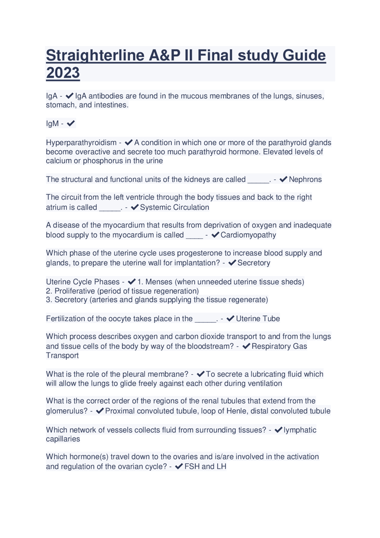 Straighterline A&P II Final study Guide 2023 (1).pdf | Exams Nursing ...