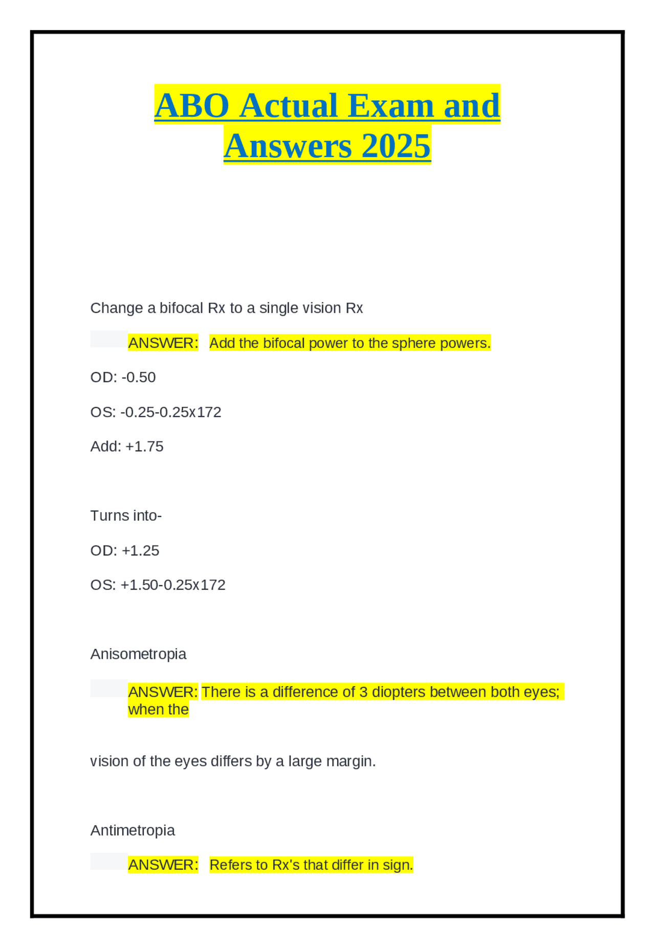 Optometry Exam Questions and Answers | Exams Nursing | Docsity