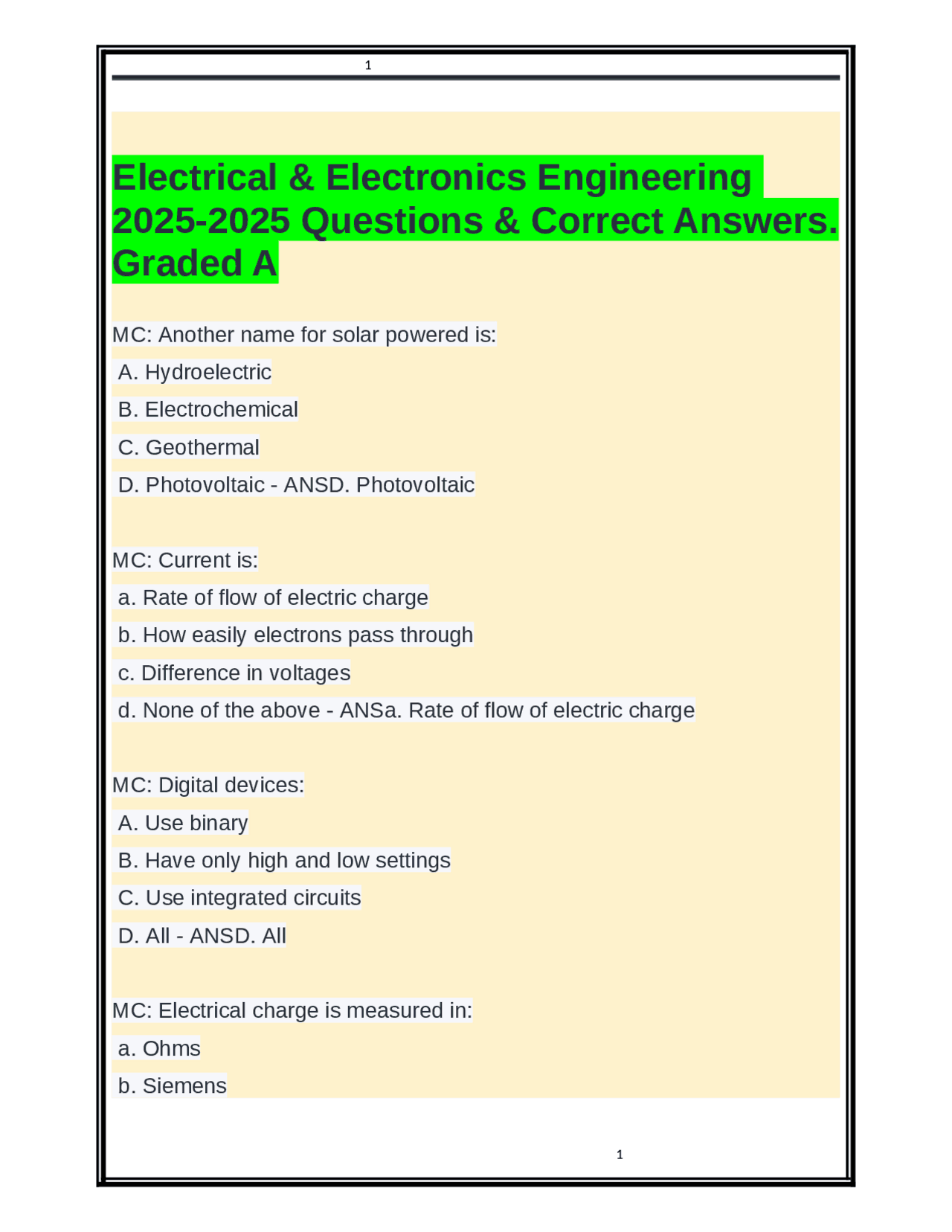 Electrical & Electronics Engineering 2025-2025 Questions & Correct ...