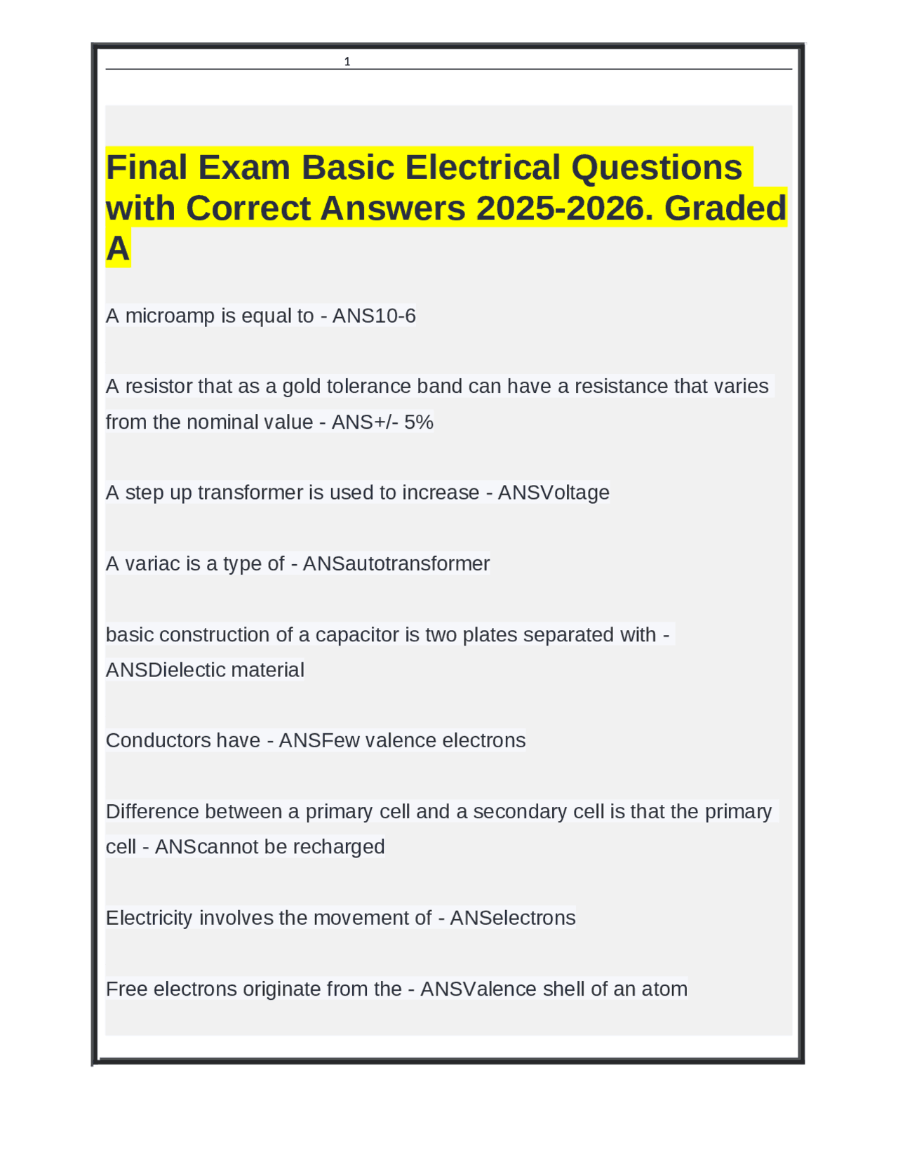 Final Exam Basic Electrical Questions with Correct Answers 2025-2026. Graded A | Exams ...