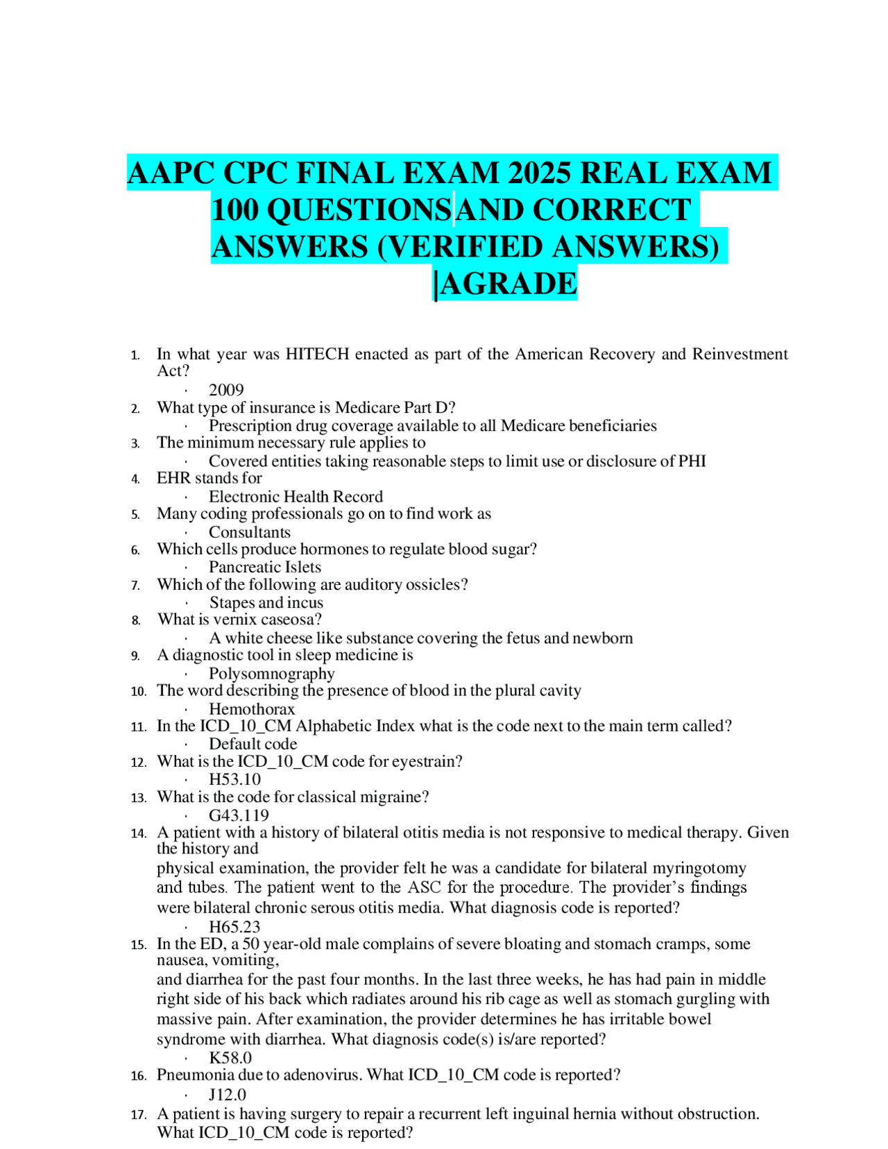 AAPC CPC FINAL EXAM 2025 REAL EXAM 100 QUESTIONS AND CORRECT ANSWERS (VERIFIED ANSWERS) |A ...