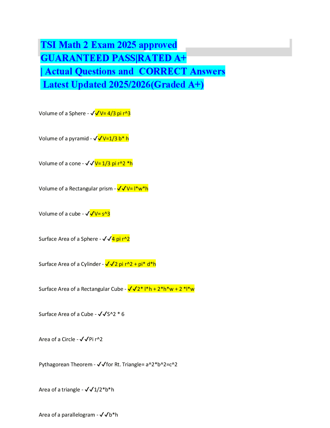 TSI Math 2 Exam 2025 approved GUARANTEED PASS|RATED A+ | Actual ...