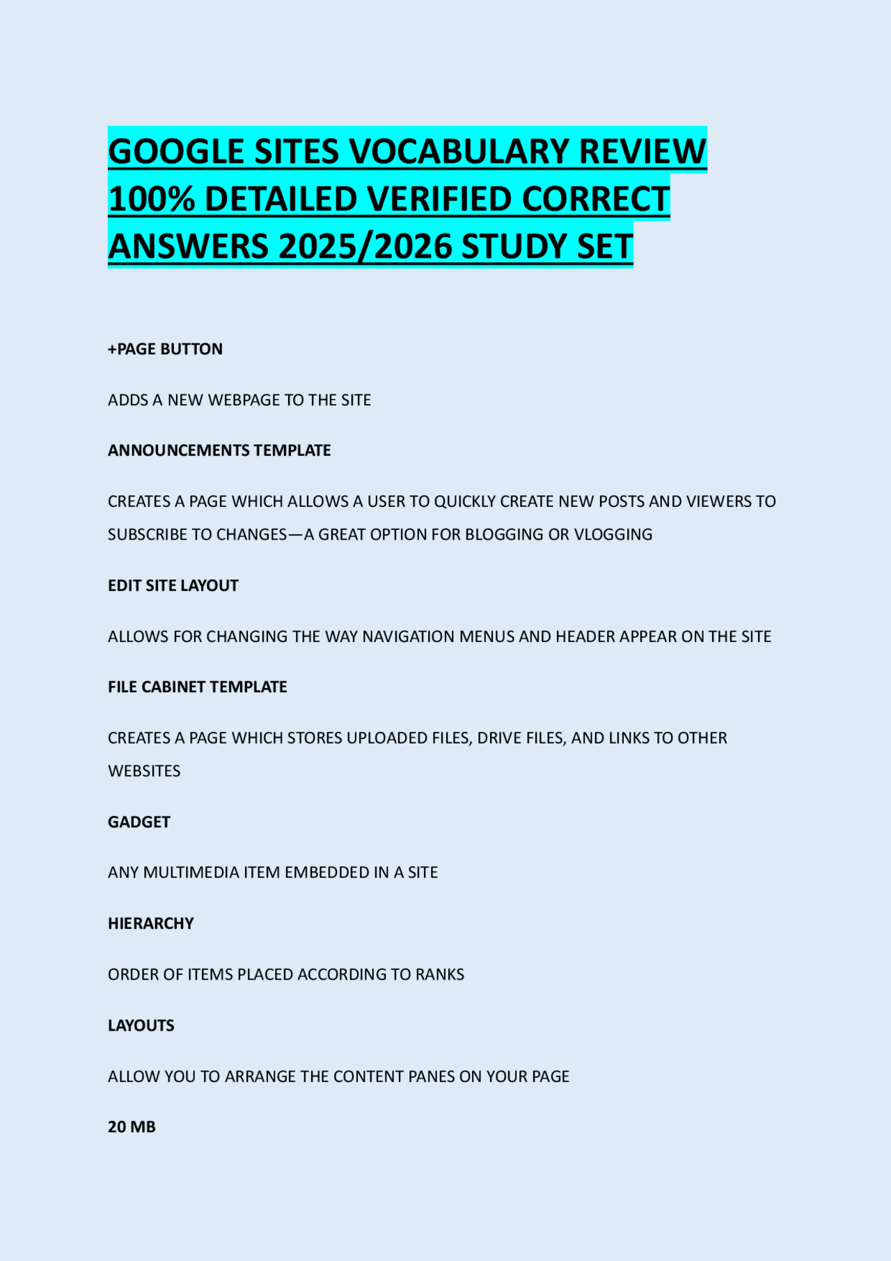 GOOGLE SITES VOCABULARY REVIEW 100% DETAILED VERIFIED CORRECT ANSWERS ...