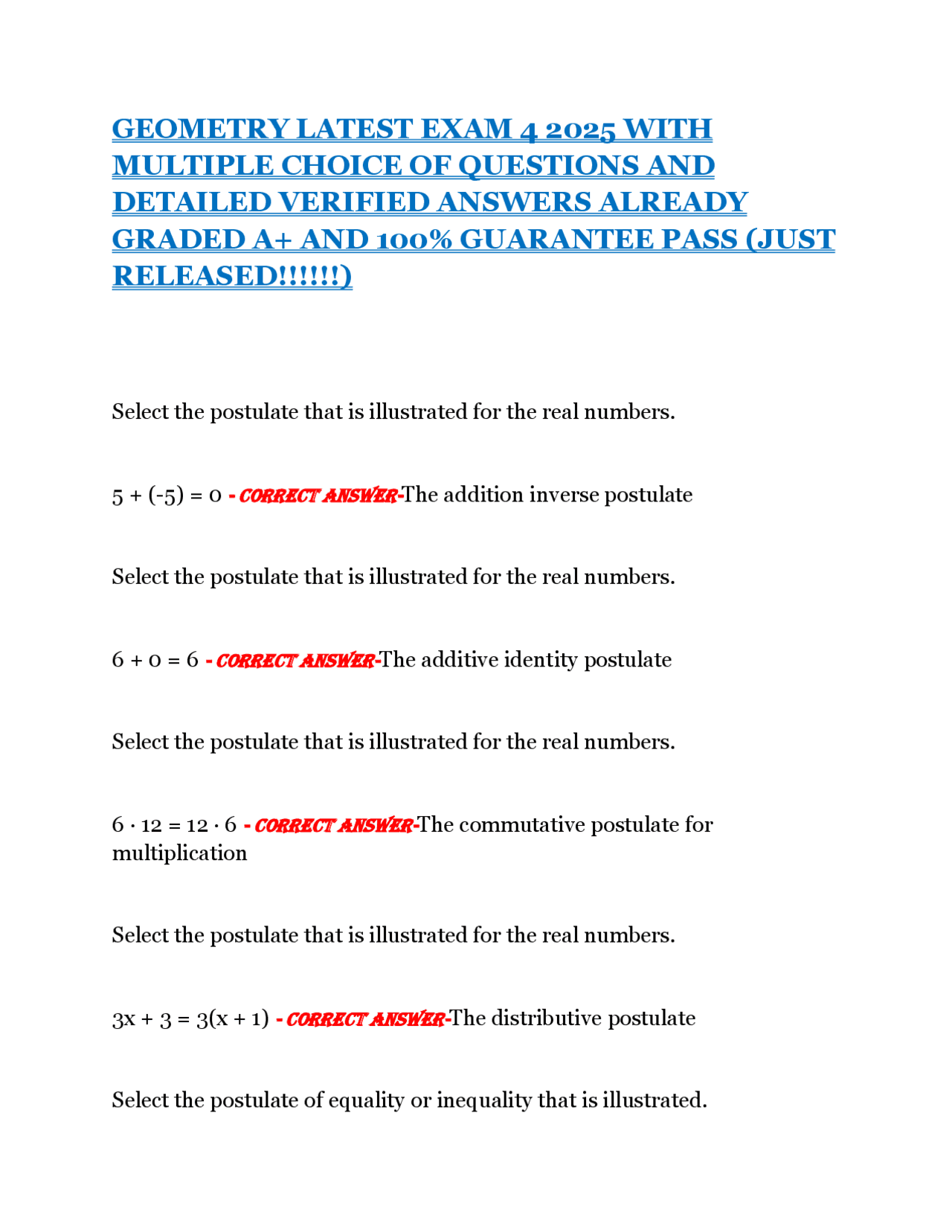 GEOMETRY LATEST EXAM 4 2025 WITH MULTIPLE CHOICE OF QUESTIONS AND ...