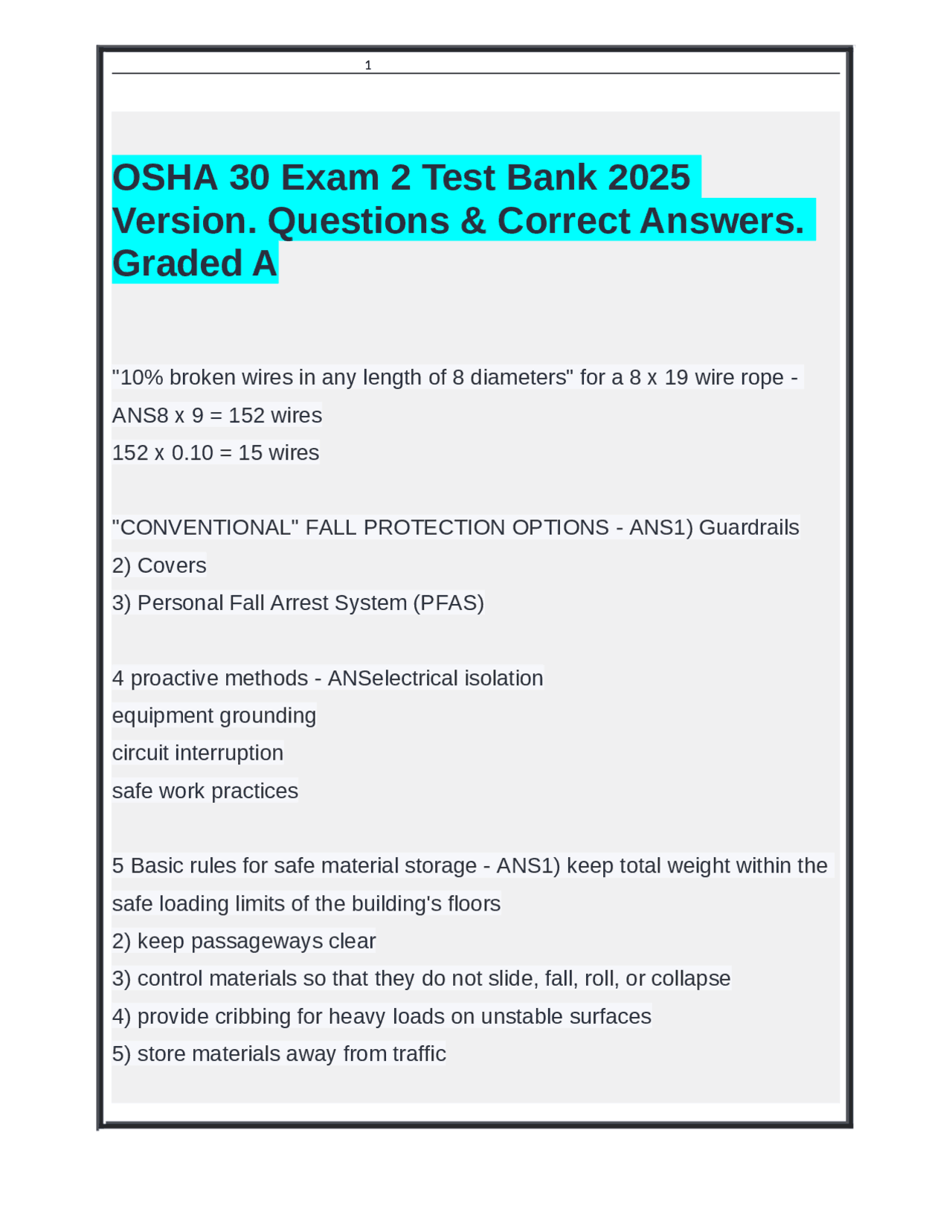OSHA 30 Exam 2 Test Bank 2025 Version. Questions & Correct Answers ...