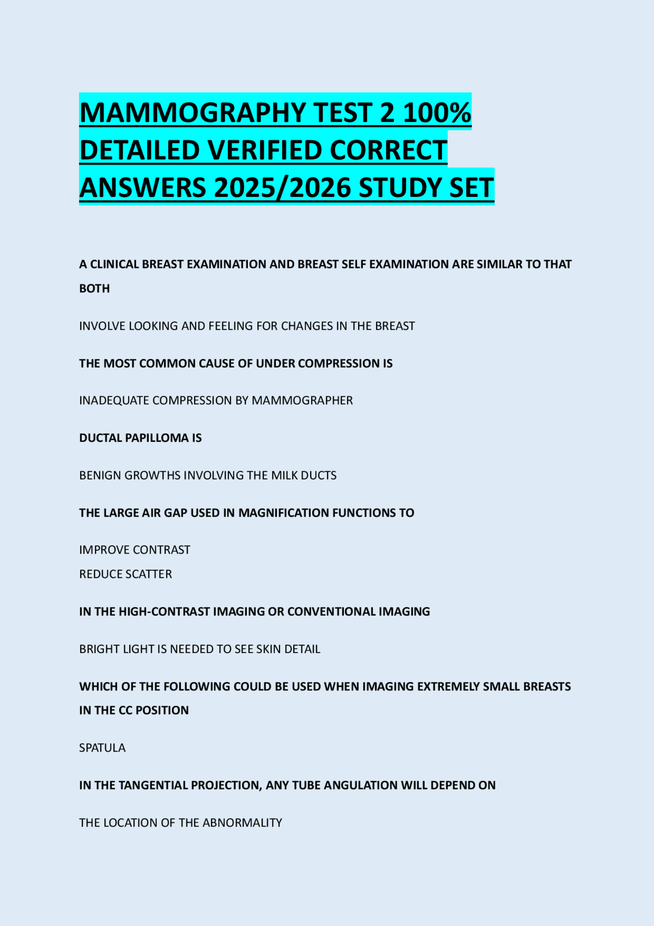 MAMMOGRAPHY TEST 2 100% DETAILED VERIFIED CORRECT ANSWERS 2025/2026 ...