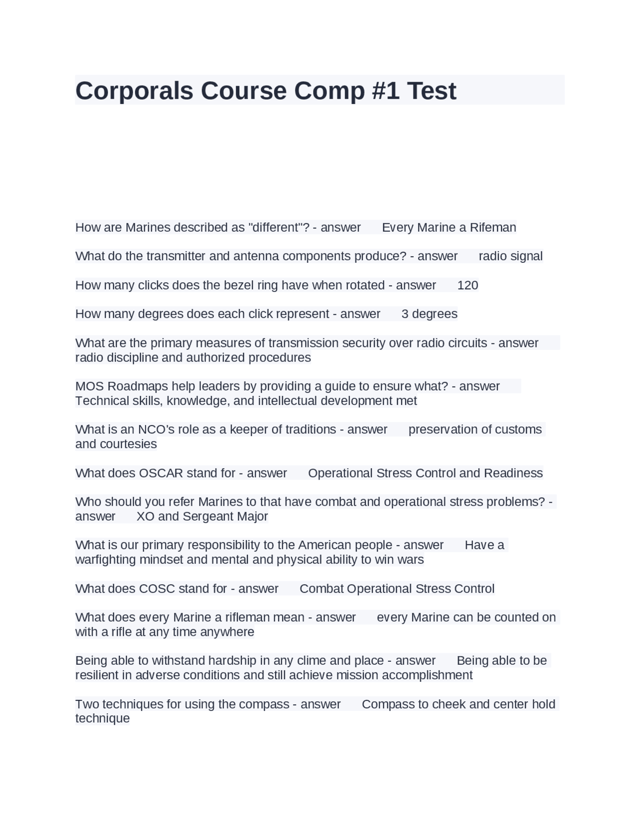 Corporals Course Comp #1 Test: Questions and Answers for Marines ...