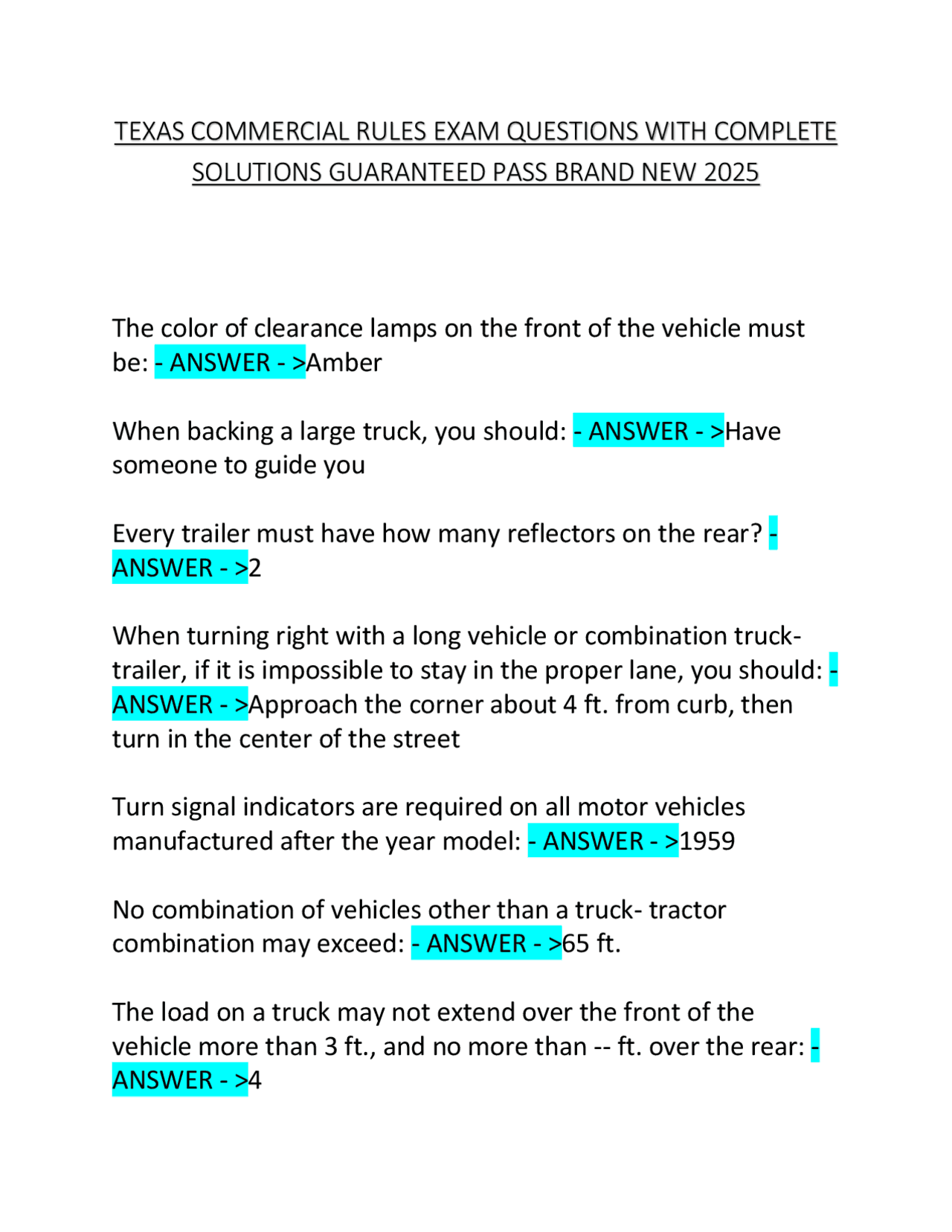 Texas Commercial Vehicle Rules Exam Questions and Answers | Exams ...
