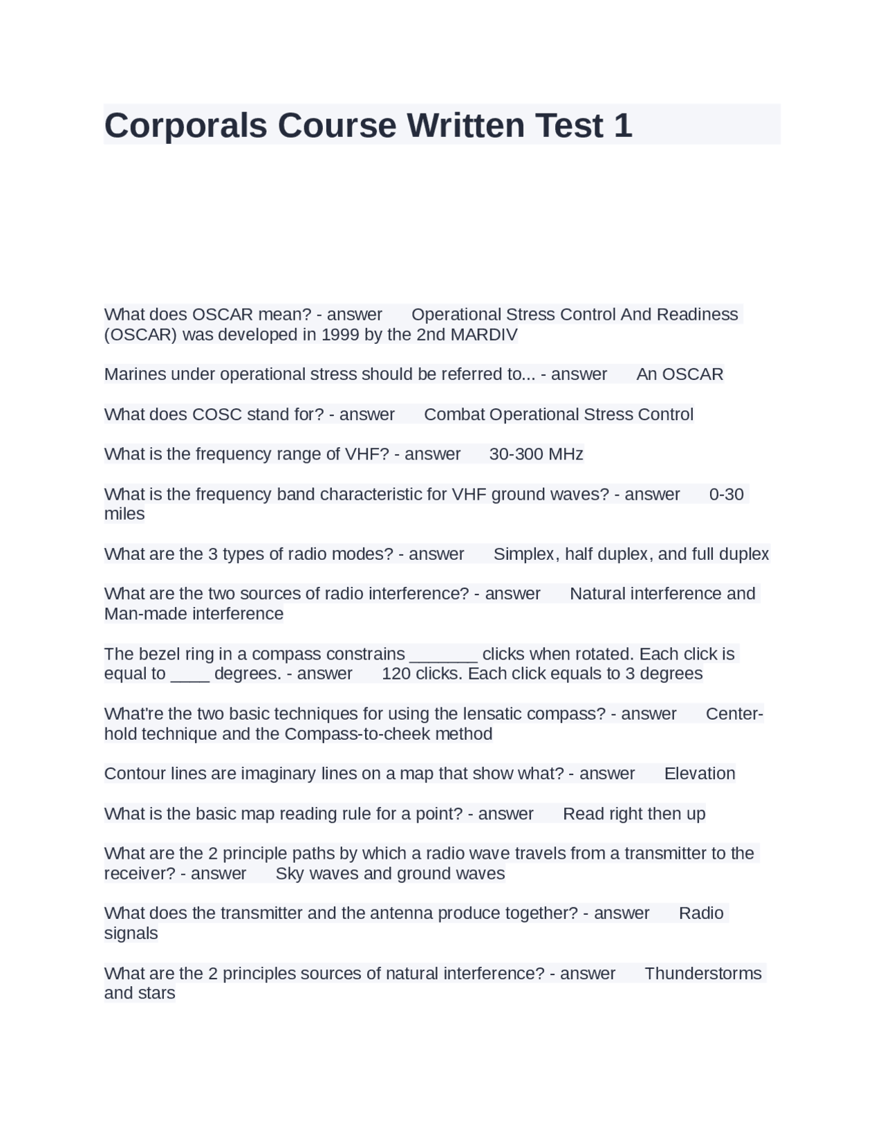 Corporals Course Written Test 1 Questions with Correct Answers | Exams ...