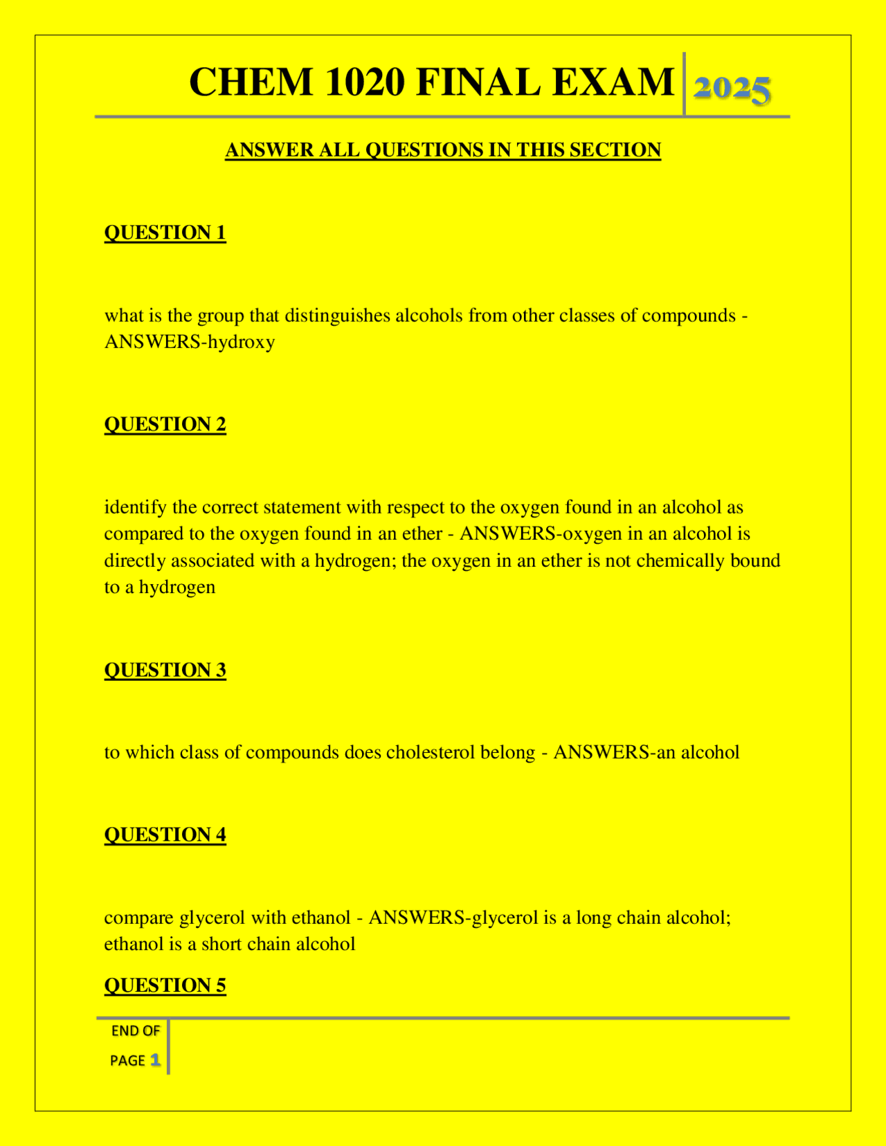 CHEM 1020 Final Exam: Organic Chemistry Multiple Choice Questions ...