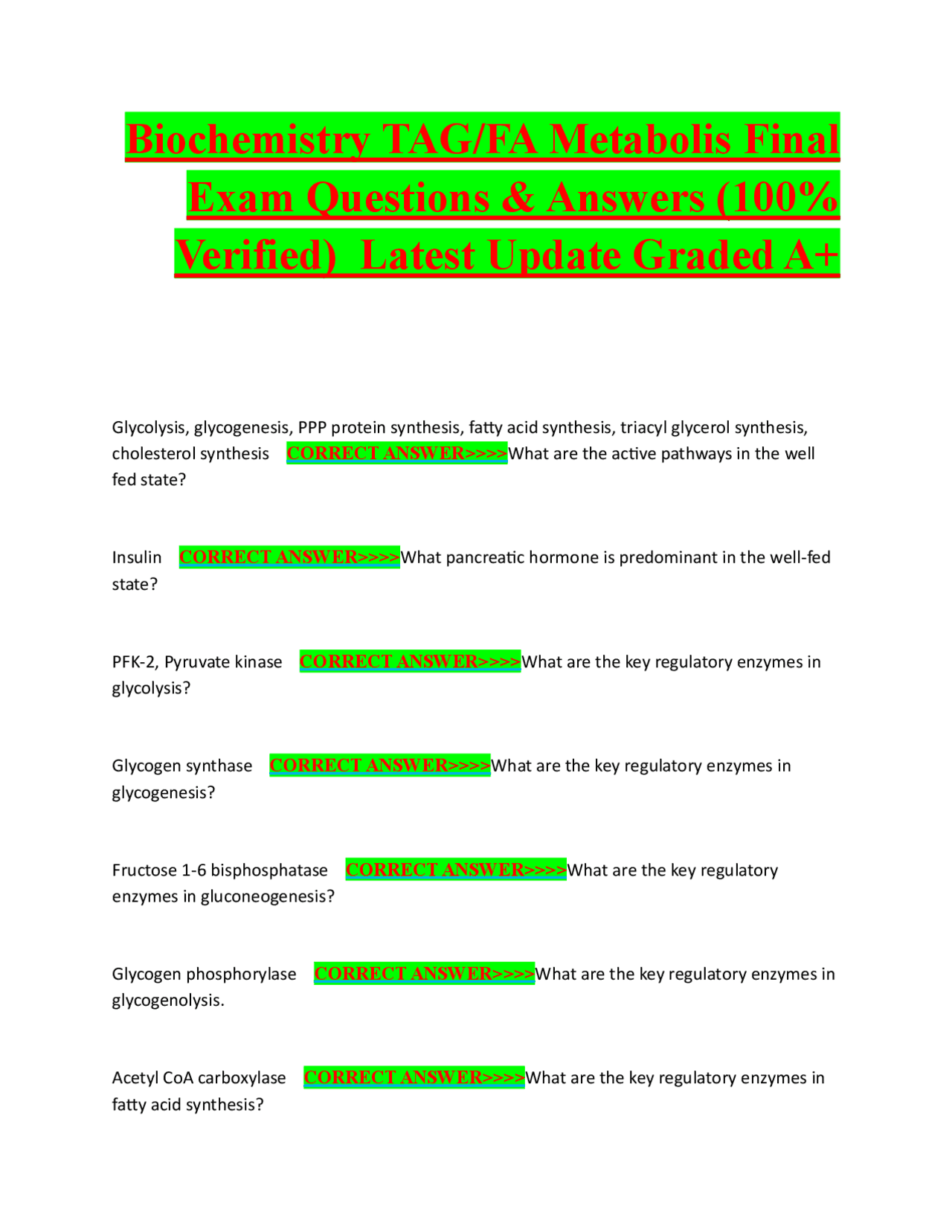 Biochemistry TAG/FA Metabolis Final Exam Questions & Answers (100% ...