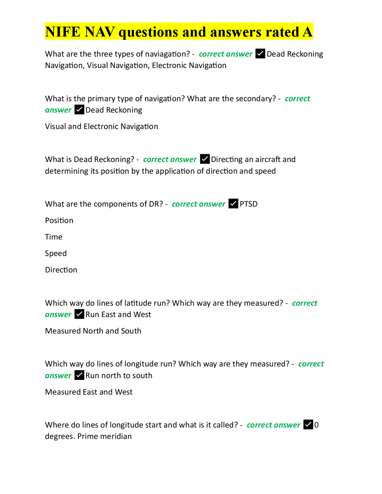 NIFE NAV questions and answers rated A. | Exams Nursing | Docsity