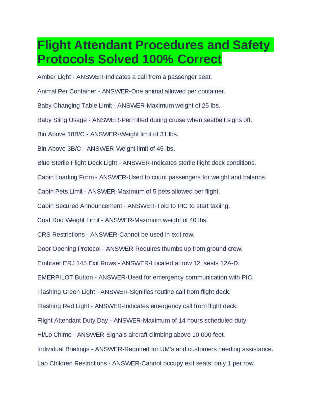 Flight Attendant Procedures and Safety Protocols | Exams Aviation | Docsity