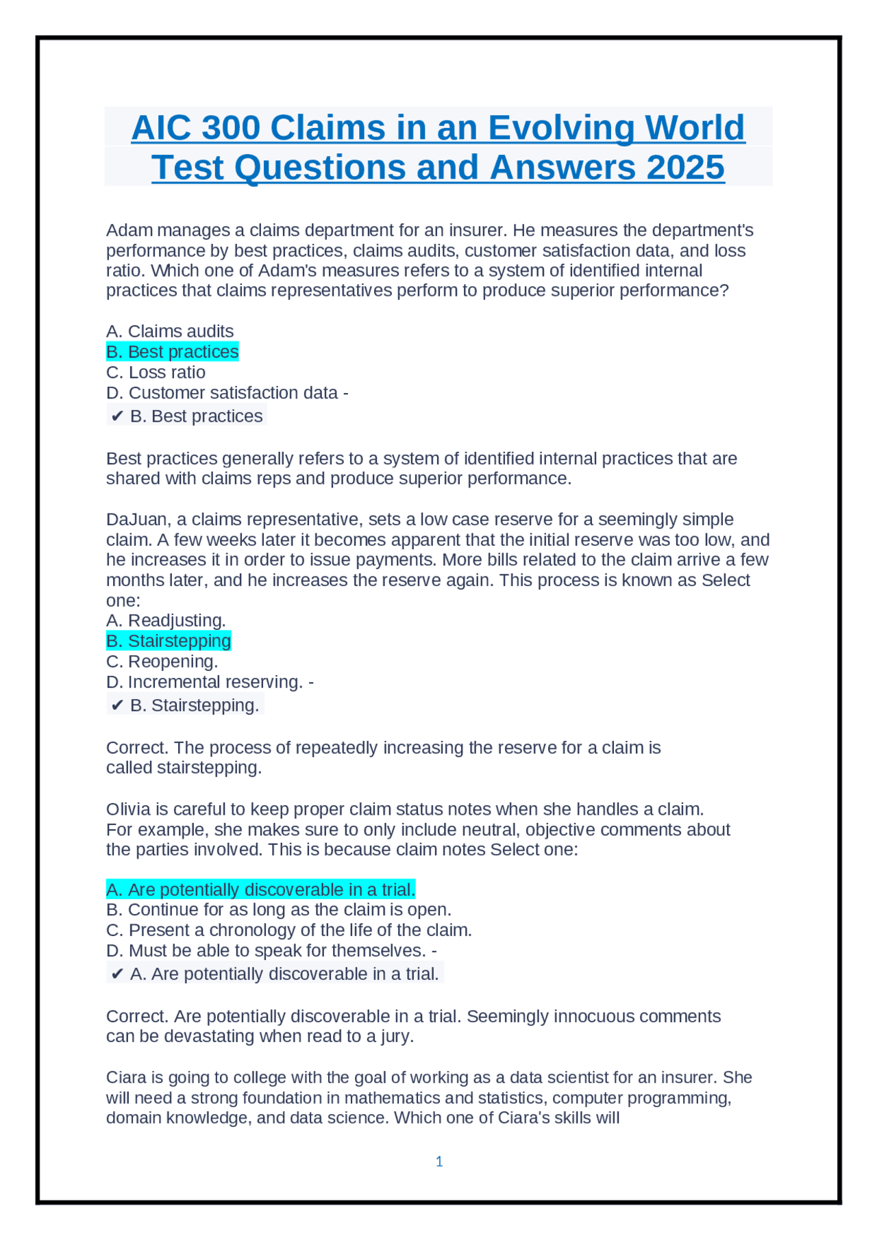 AIC 300 Claims in an Evolving World: Test Questions and Answers 2025 ...