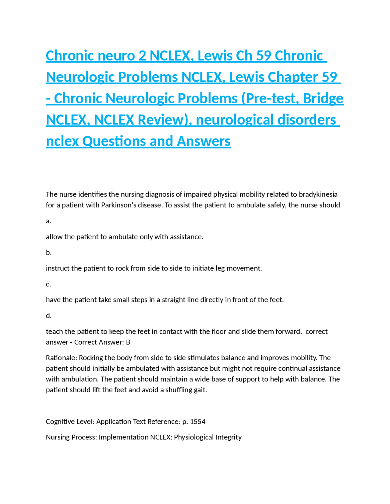 Chronic neuro 2 NCLEX, Lewis Ch 59 Chronic Neurologic Problems NCLEX ...