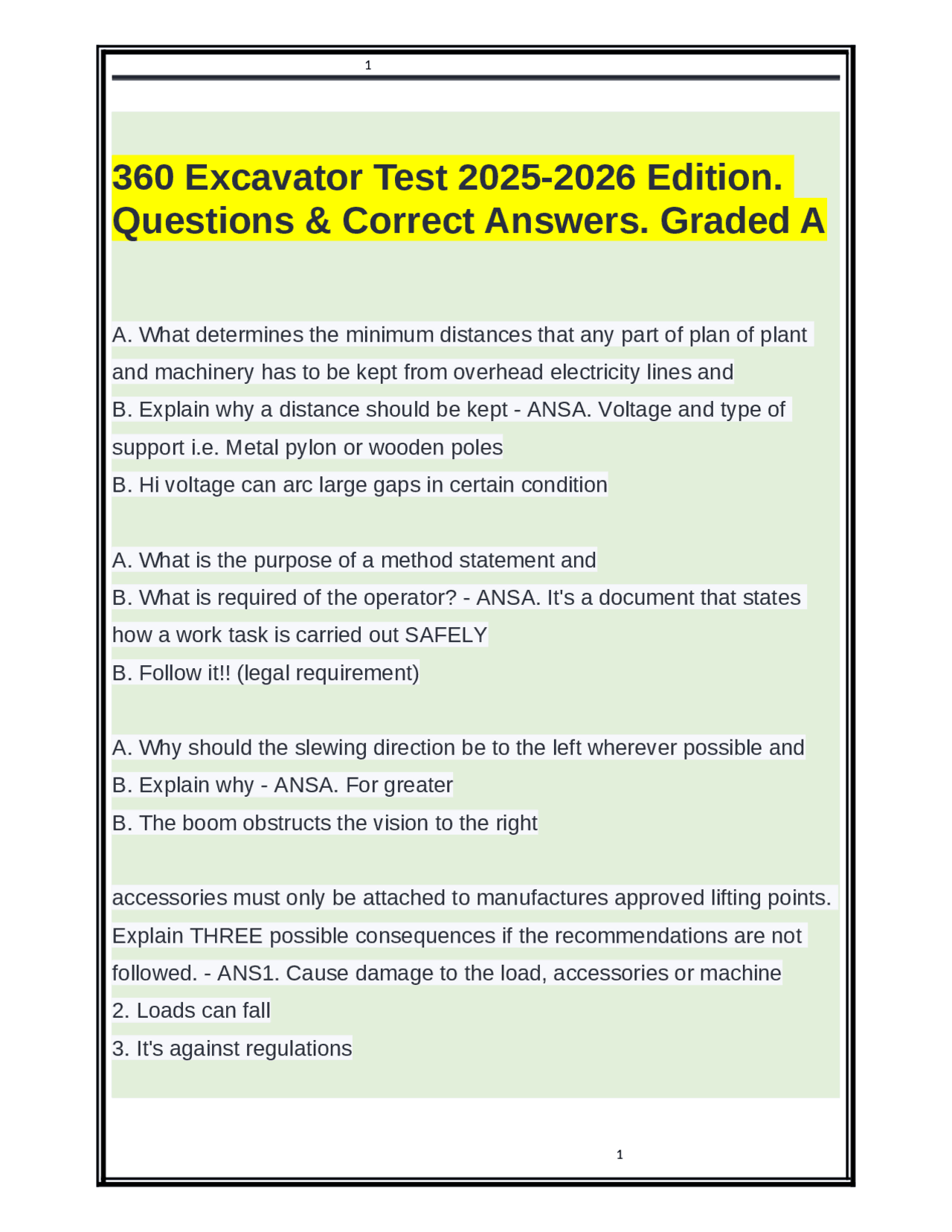 360 Excavator Test 2025-2026 Edition. Questions & Correct Answers ...