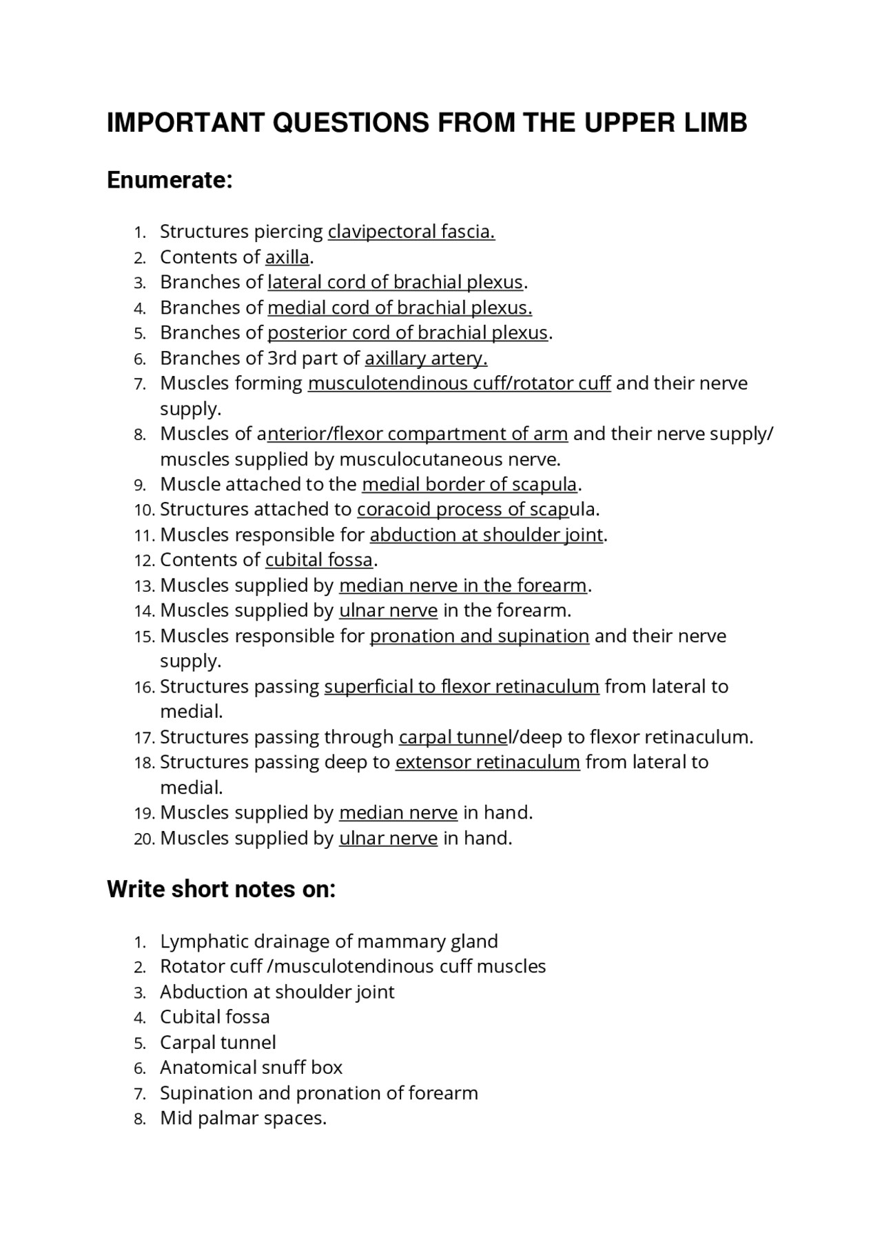 Upper limb questions | Quizzes Anatomy | Docsity