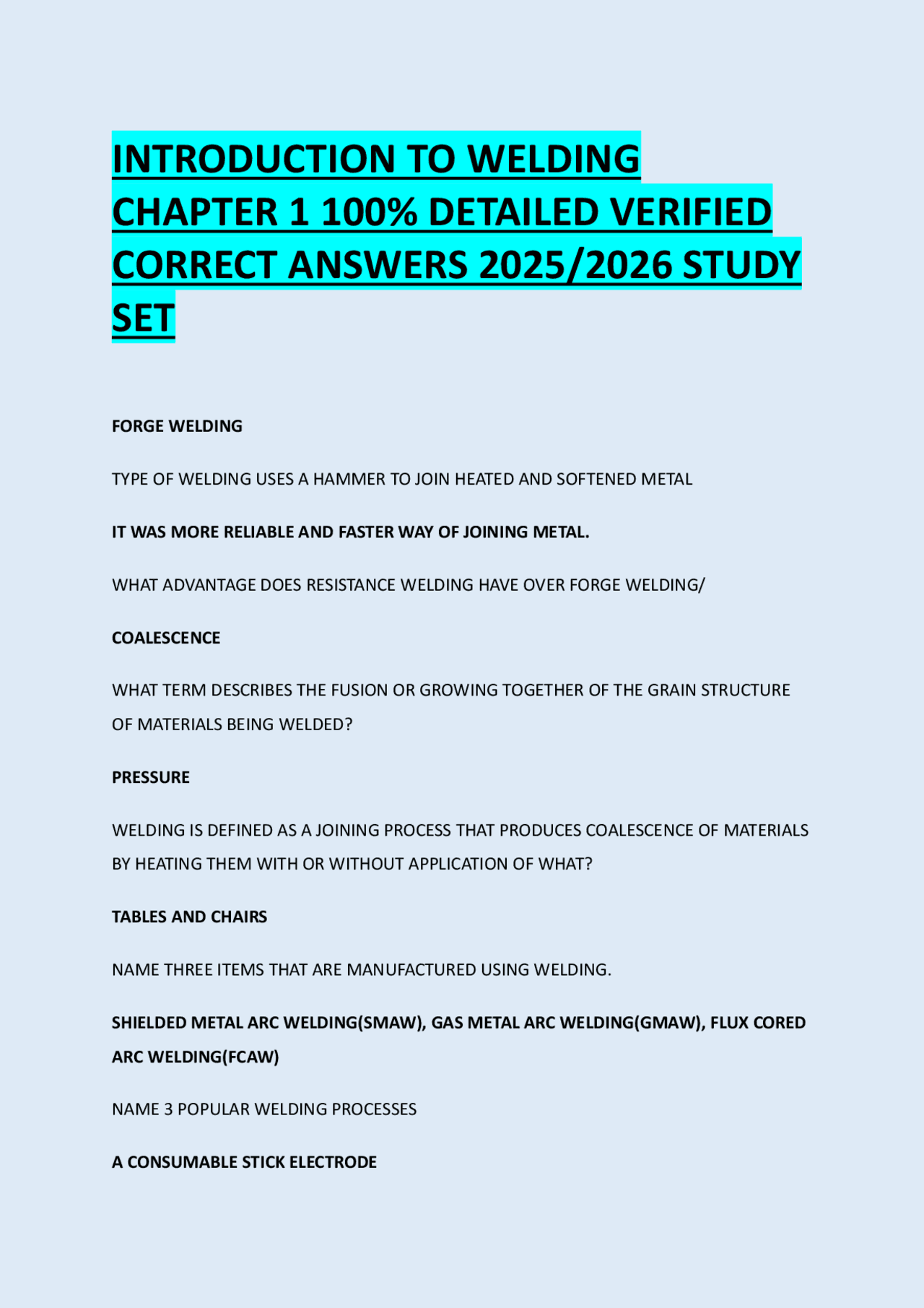 INTRODUCTION TO WELDING CHAPTER 1 100% DETAILED VERIFIED CORRECT ...