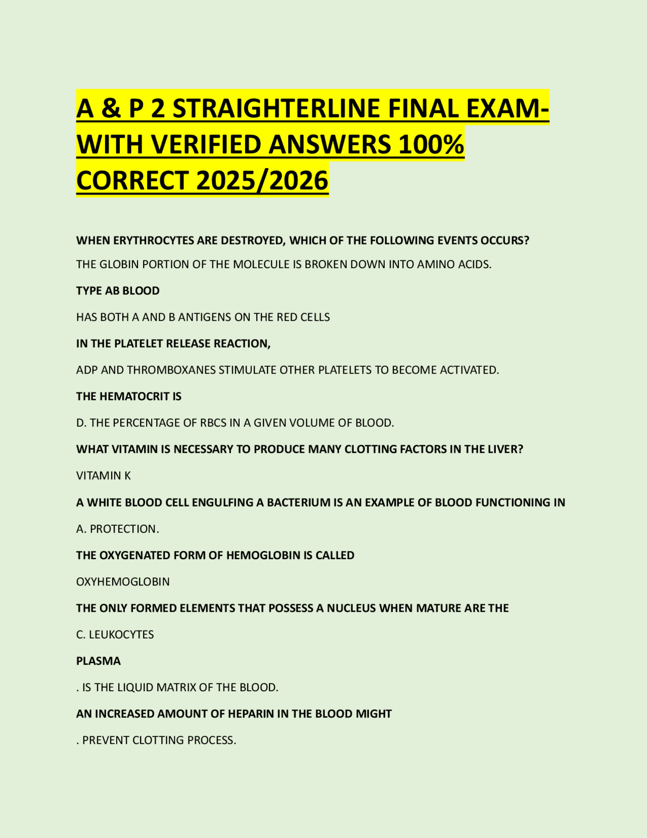 A&P 1 FINAL EXAM, STRAIGHTERLINE ANATOMY AND PHYSIOLOGY 1 ...