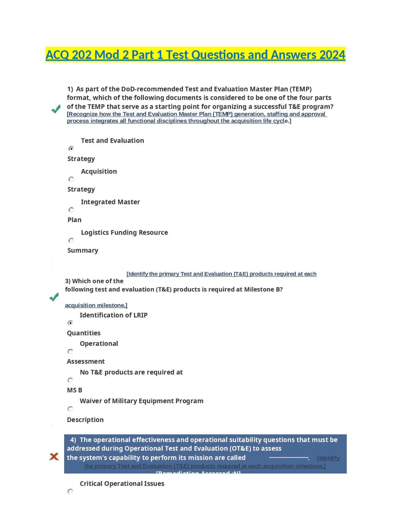 ACQ 202 Mod 2 Part 1 Test Questions and Answers | Exams Nursing | Docsity