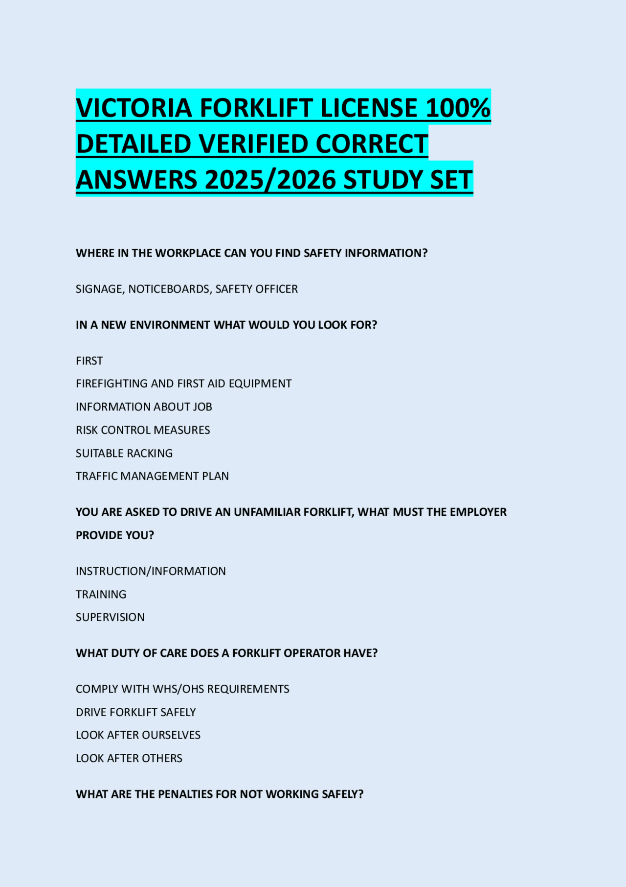 VICTORIA FORKLIFT LICENSE 100% DETAILED VERIFIED CORRECT ANSWERS 2025/ ...