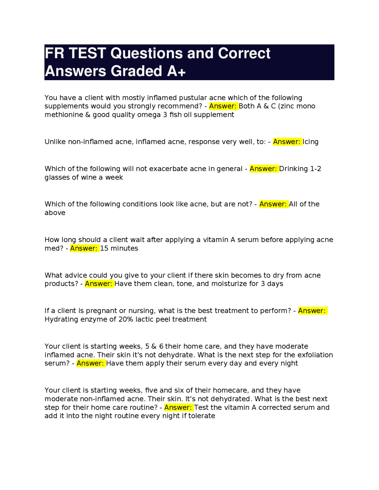 FR TEST Questions and Correct Answers Graded A+ | Exams Clinical ...