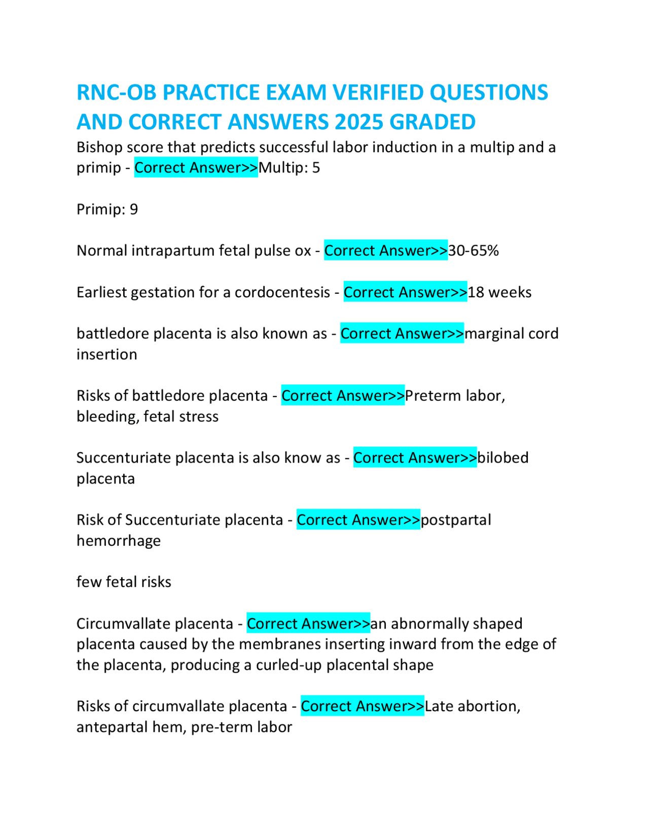 RNC-OB PRACTICE EXAM VERIFIED QUESTIONS AND CORRECT ANSWERS 2025 GRADED ...