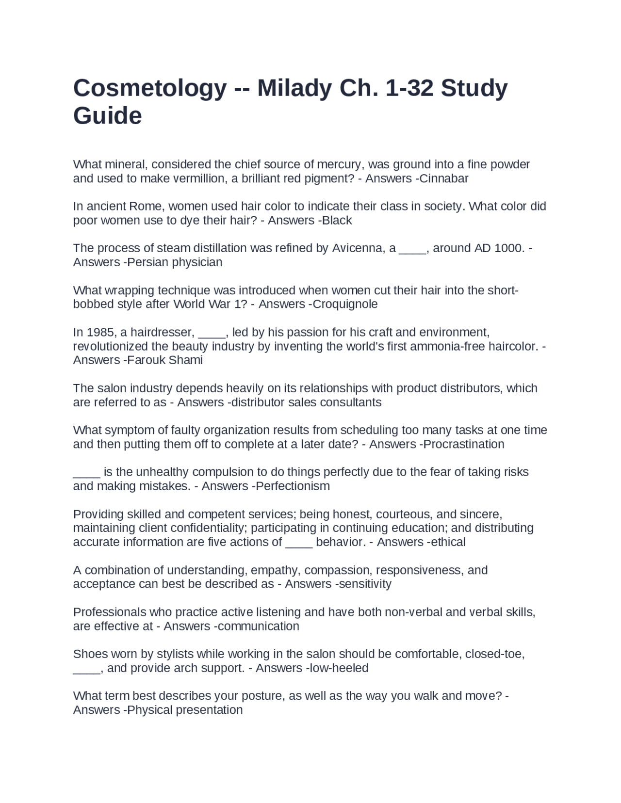 Cosmetology Study Guide: Chapters 1-32 | Exams Nursing | Docsity