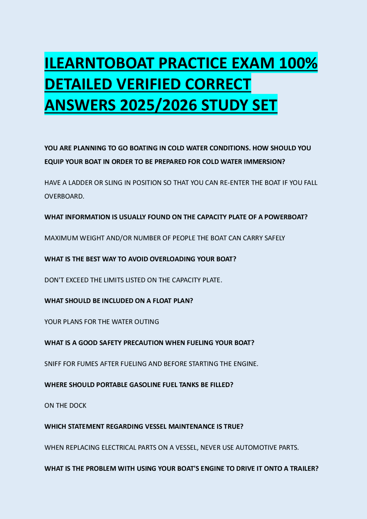 ILEARNTOBOAT PRACTICE EXAM 100% DETAILED VERIFIED CORRECT ANSWERS 2025/ ...