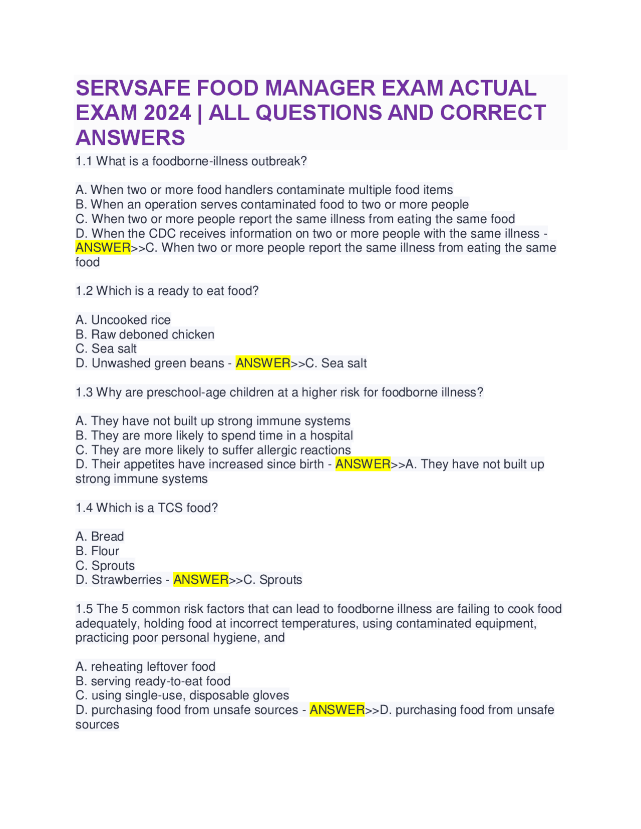 SERVSAFE FOOD MANAGER EXAM ACTUAL EXAM 2024 | ALL QUESTIONS AND CORRECT ...