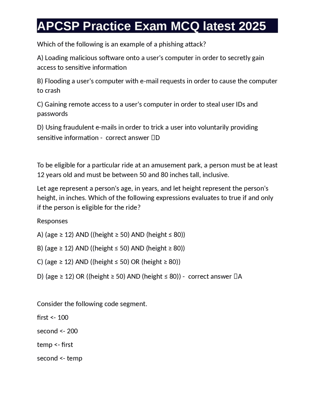 APCSP Practice Exam MCQ latest 2025 | Exams Computer Science | Docsity