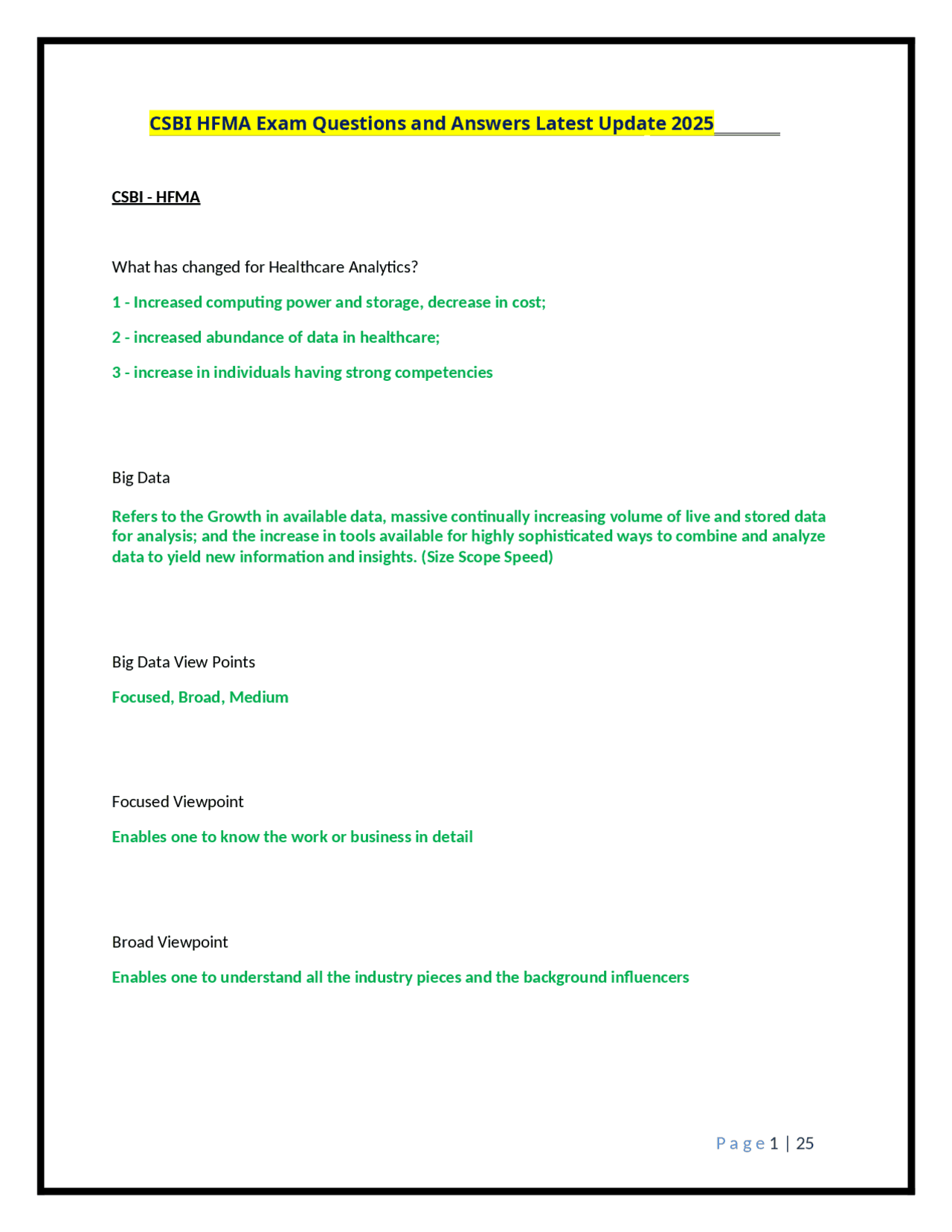 CSBI HFMA Exam Questions and Answers: Healthcare Analytics, Big Data ...