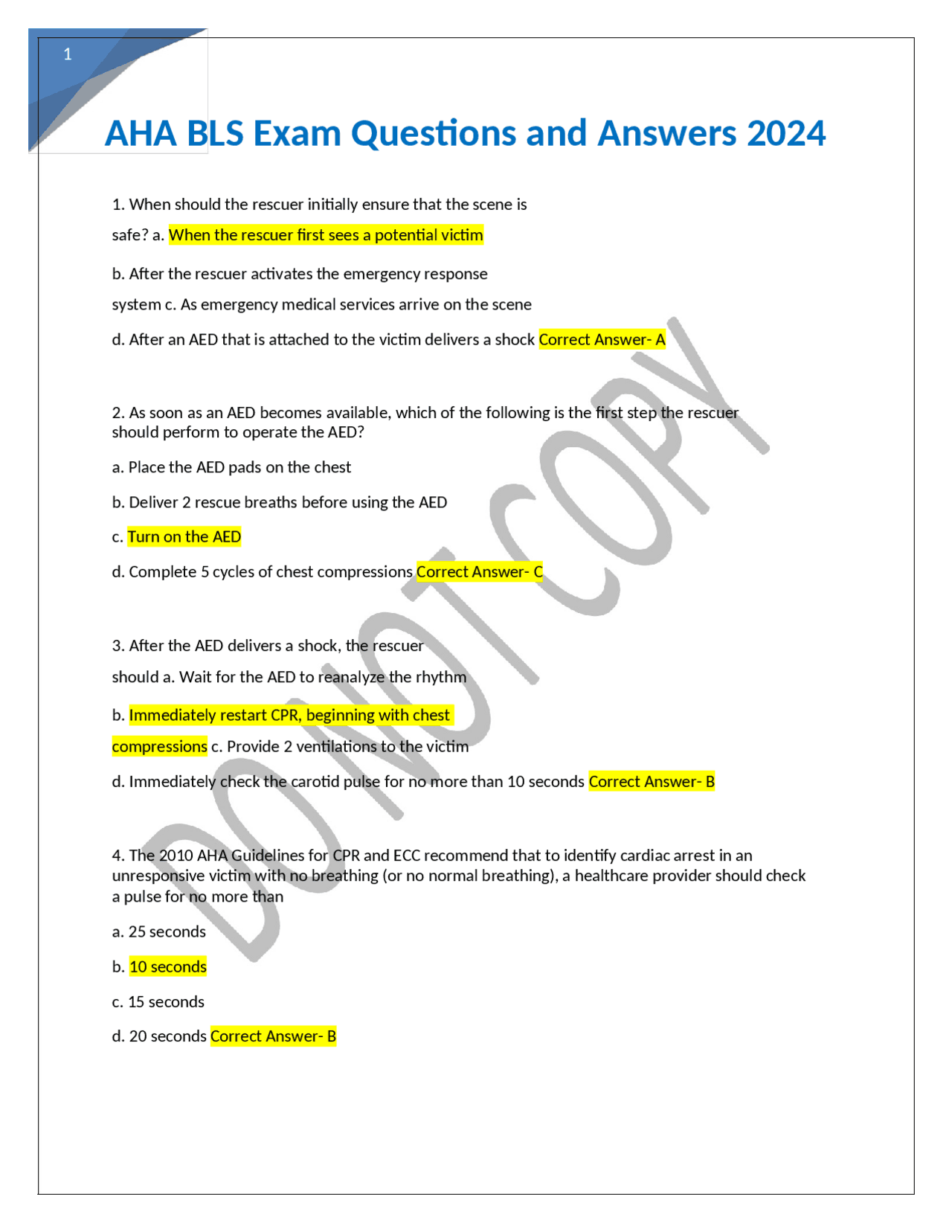 AHA BLS Exam Questions and Answers 2024: A Comprehensive Guide to Basic ...