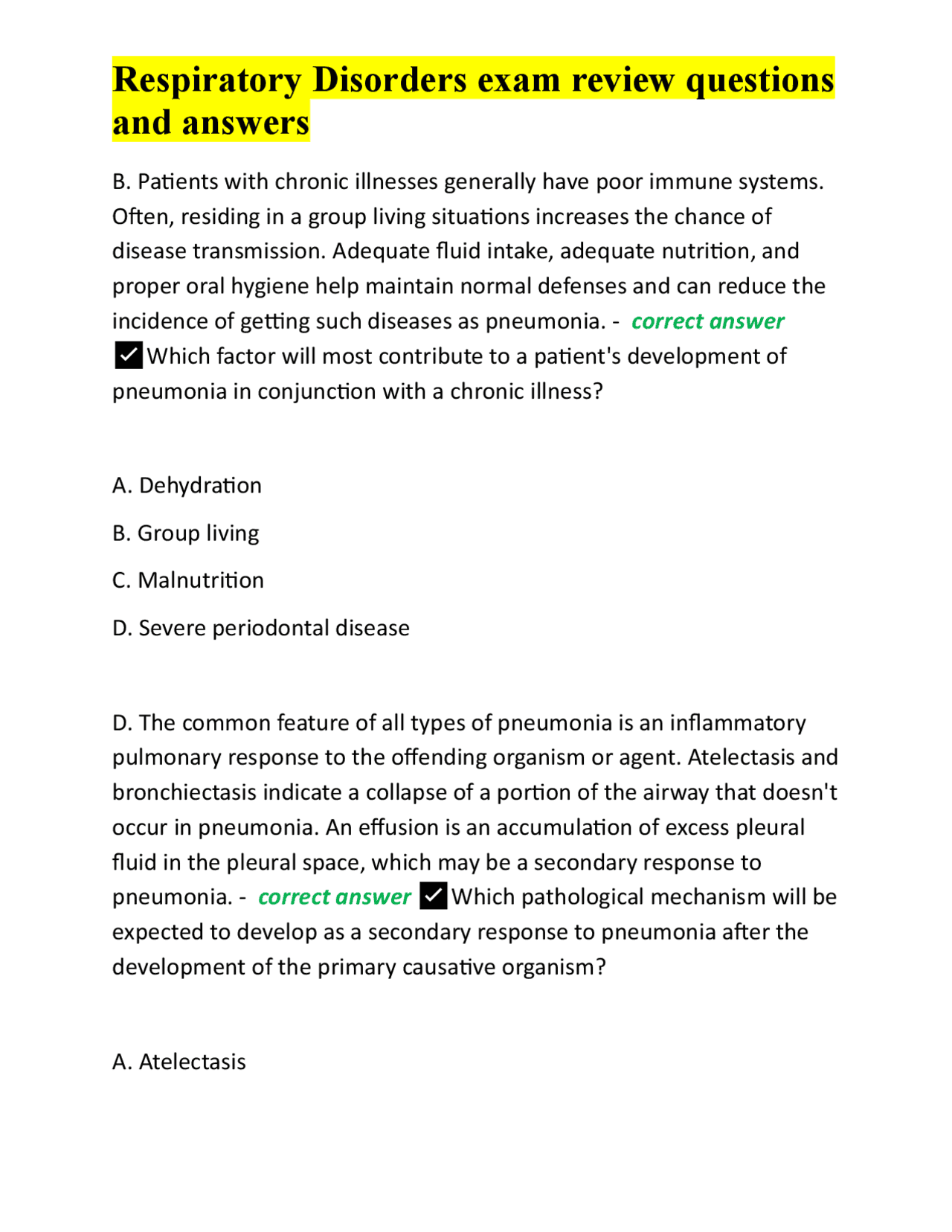 Respiratory Disorders Exam Review Questions and Answers | Exams Nursing ...