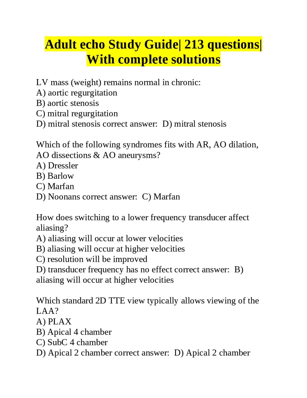 Adult Echo Study Guide: 213 Questions with Complete Solutions | Exams ...