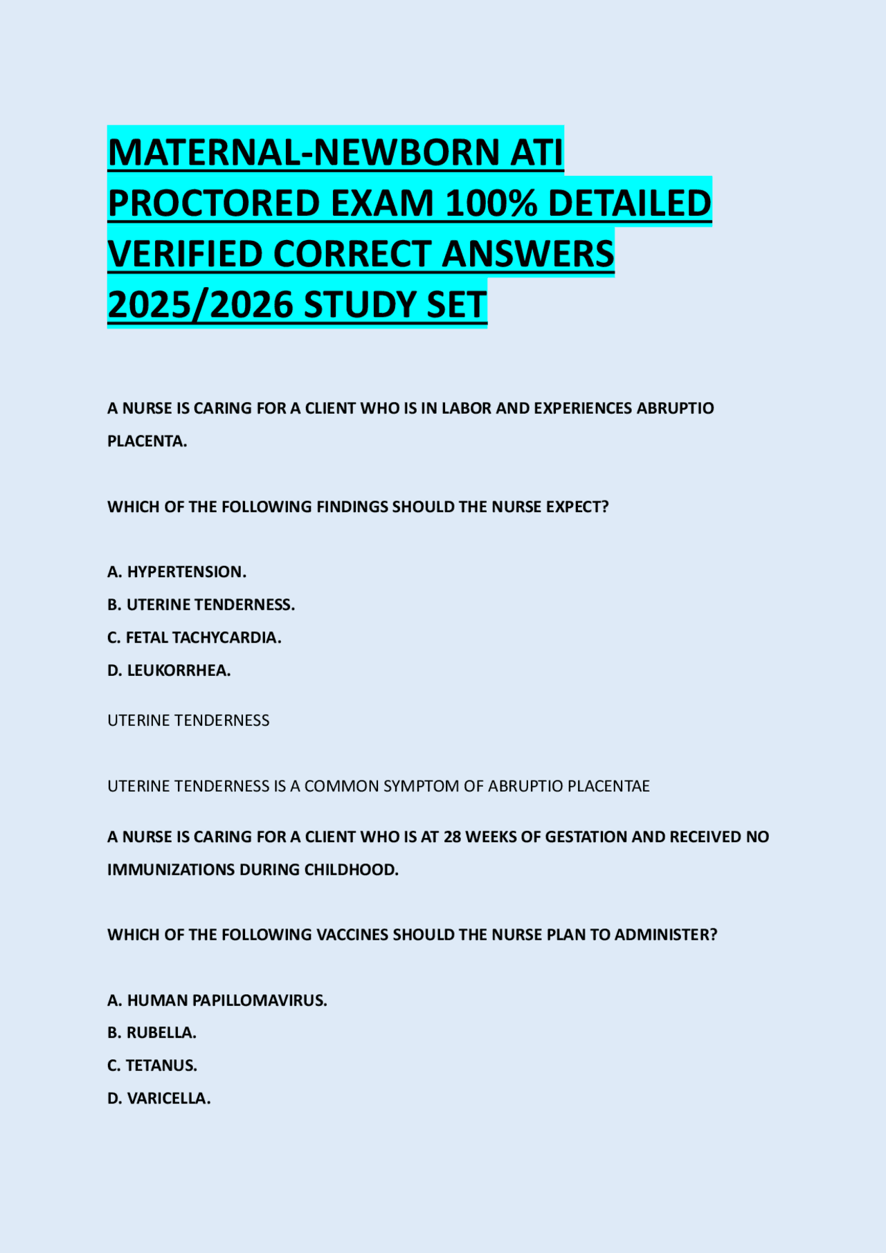 MATERNAL-NEWBORN ATI PROCTORED EXAM 100% DETAILED VERIFIED CORRECT ...