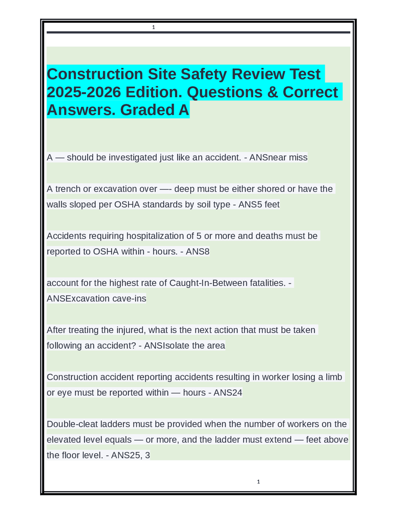 Construction Site Safety Review Test 2025-2026 Edition. Questions ...