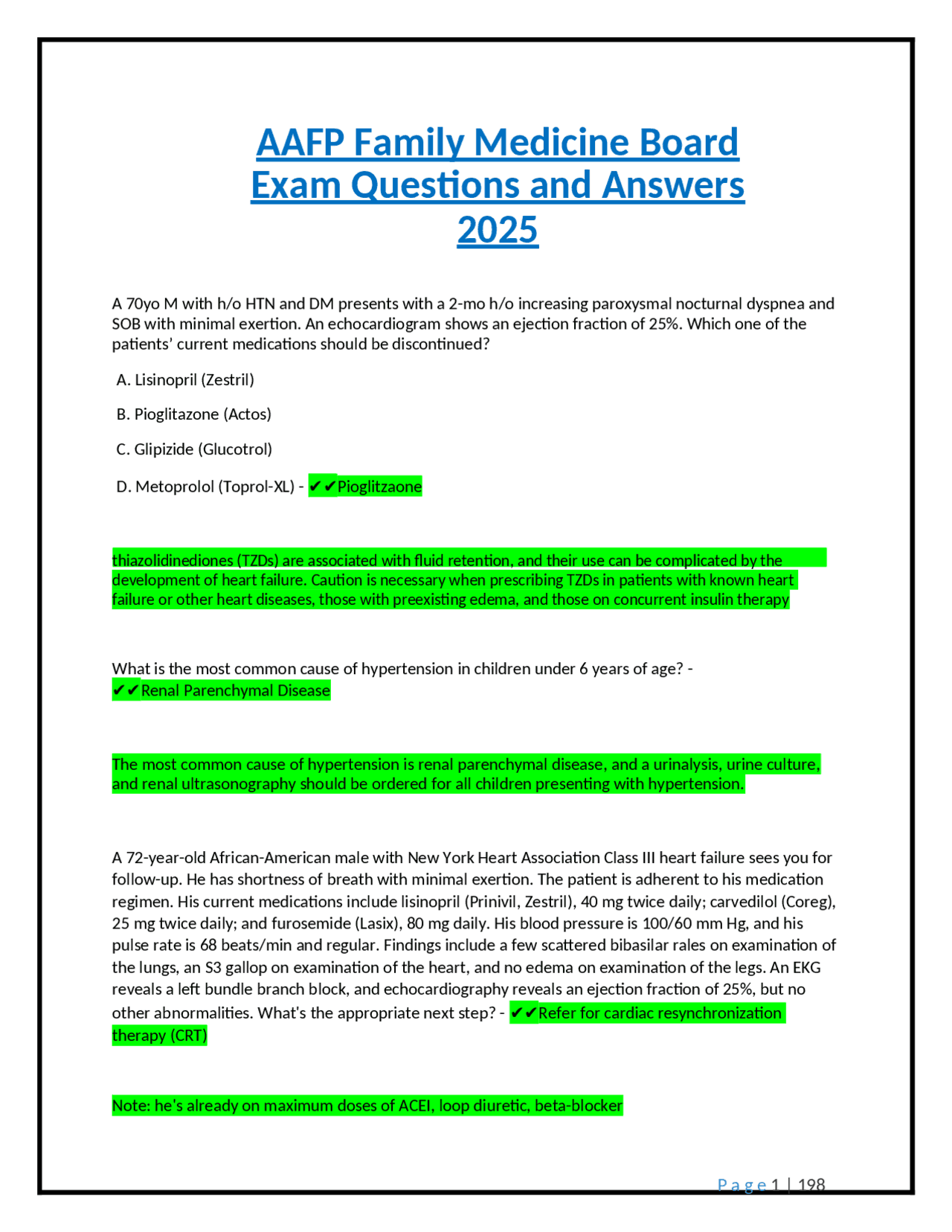 AAFP Family Medicine Board Exam Questions and Answers 2025 | Exams Nursing | Docsity