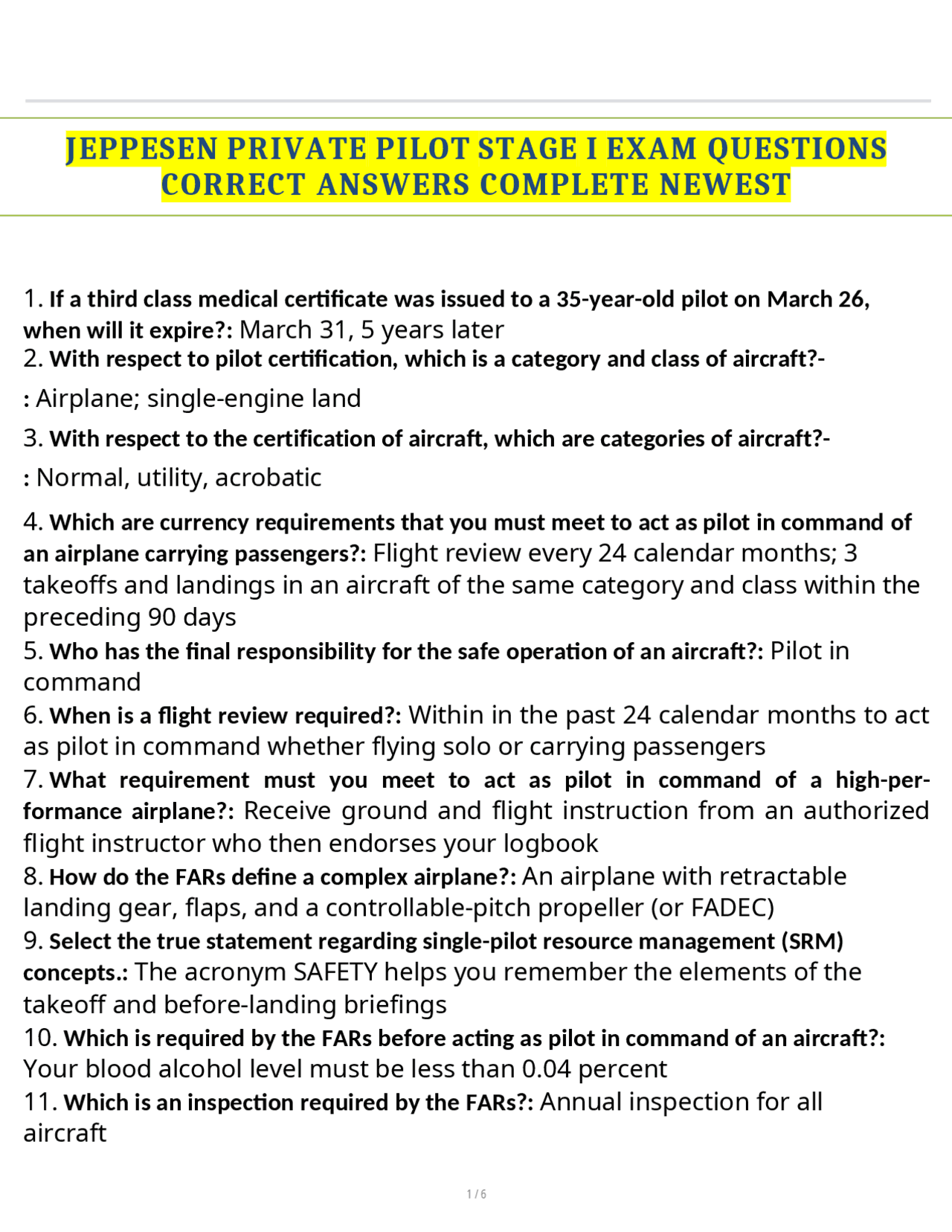 JEPPESEN PRIVATE PILOT STAGE I EXAM QUESTIONS CORRECT ANSWERS COMPLETE NEWEST | Exams Advanced ...