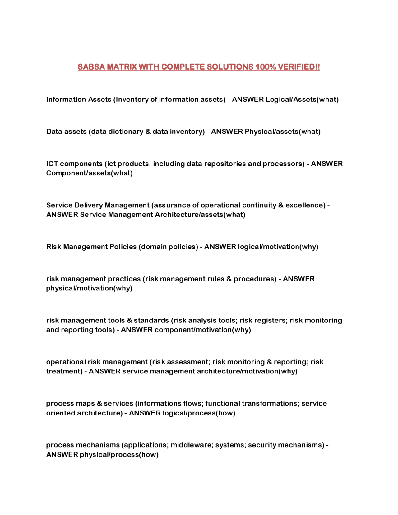 SABSA MATRIX WITH COMPLETE SOLUTIONS 100% VERIFIED!! | Exams Advanced ...