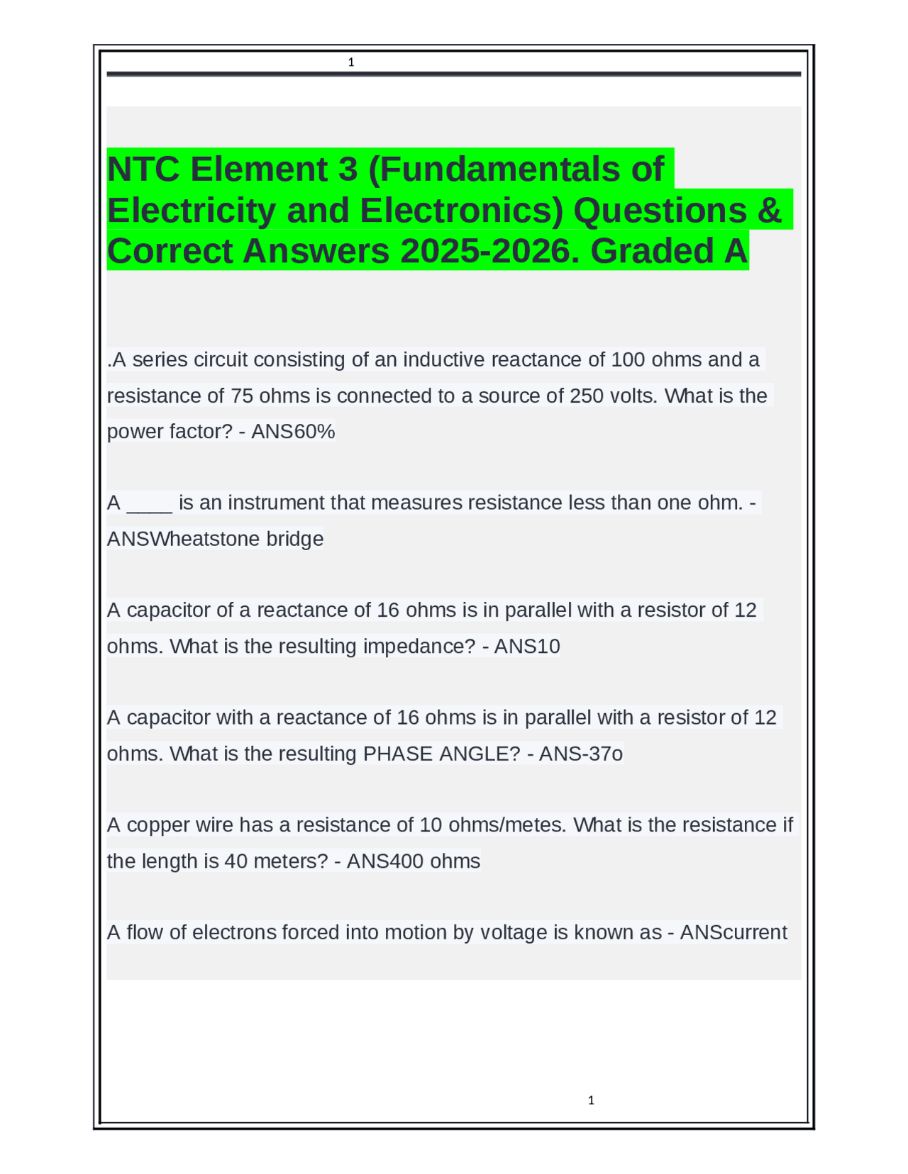 NTC Element 3 (Fundamentals of Electricity and Electronics) Questions ...
