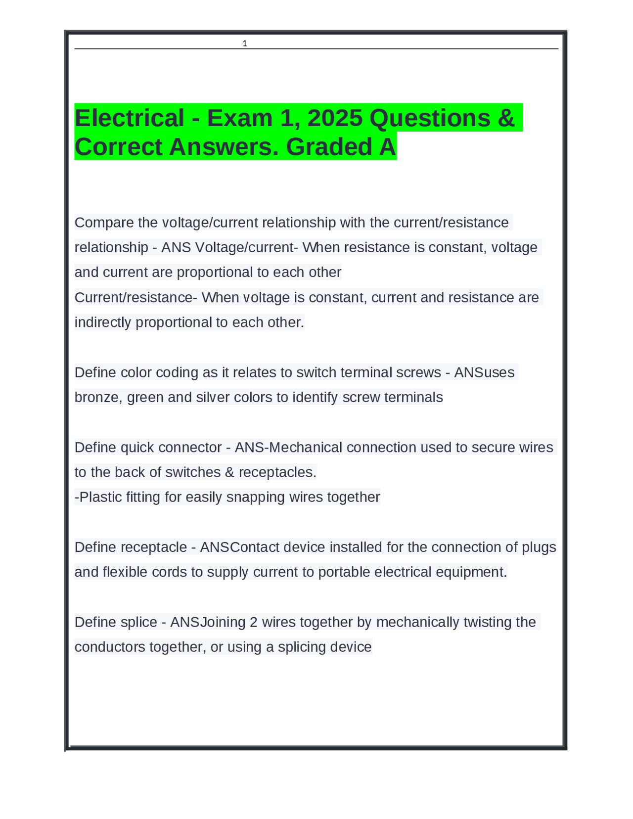 Electrical - Exam 1, 2025 Questions & Correct Answers. Graded A | Exams ...