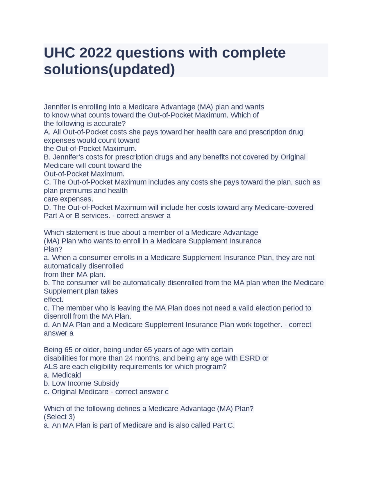 UHC 2022 questions with complete solutions | Exams Nursing | Docsity